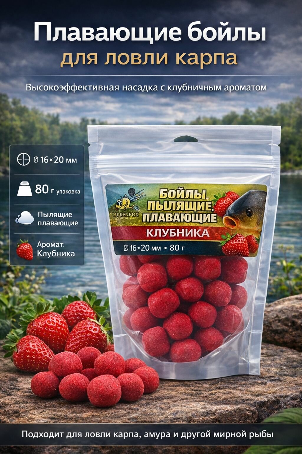 Бойлы пылящие, плавающие - Клубника 80гр, d-16х20мм