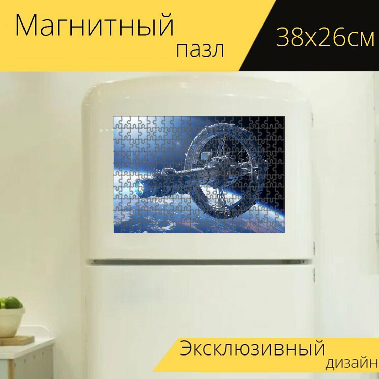 Магнитный пазл "Космическая станция над Землей. Футуристический орбитальный корабль с кольцевым модулем парит в открытом космосе над планетой. Холодные." для интерьера, 38х26 см.
