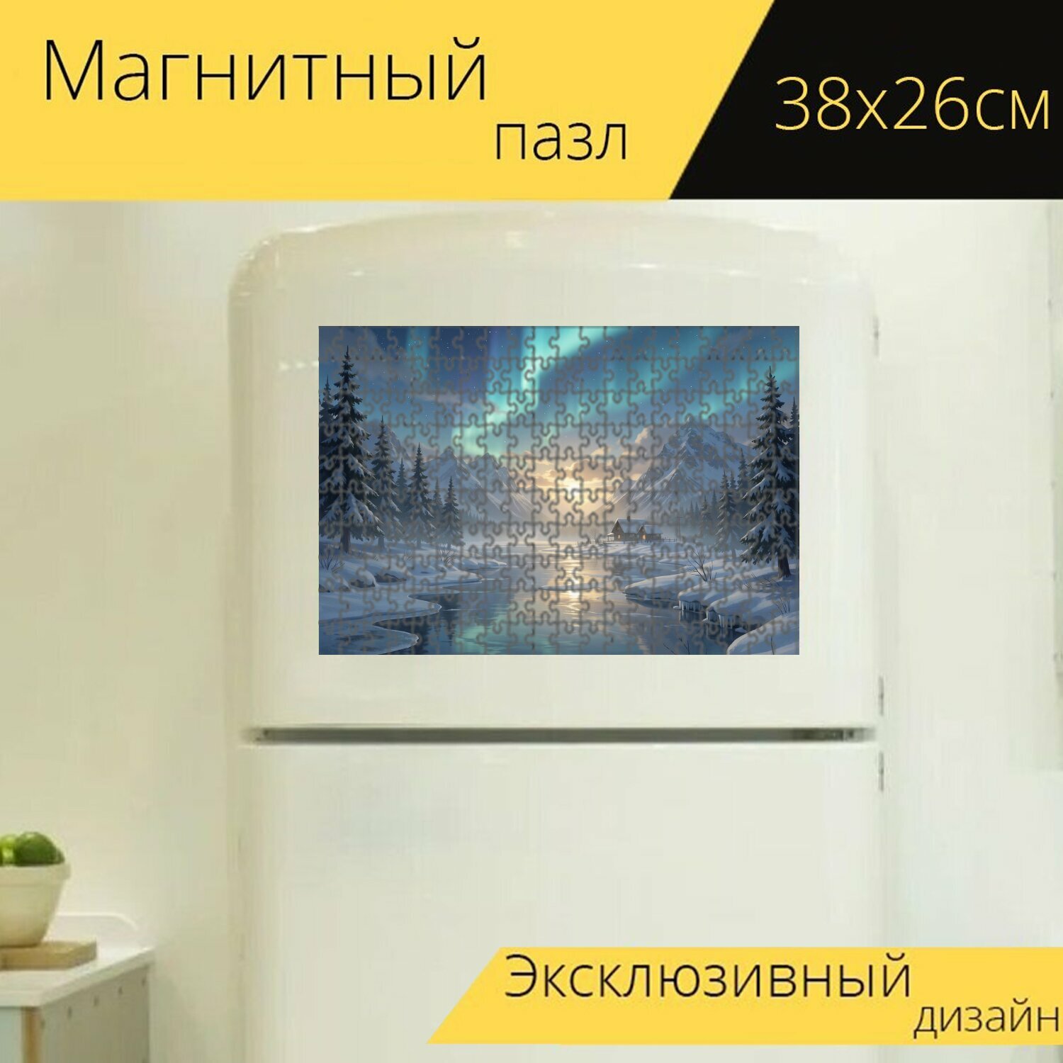 Магнитный пазл "Северное сияние над зимними горами. Снежная долина с еловым лесом, замерзшей рекой и уютным домиком у воды. Цифровая иллюстрация в холодных." для интерьера, 38х26 см.