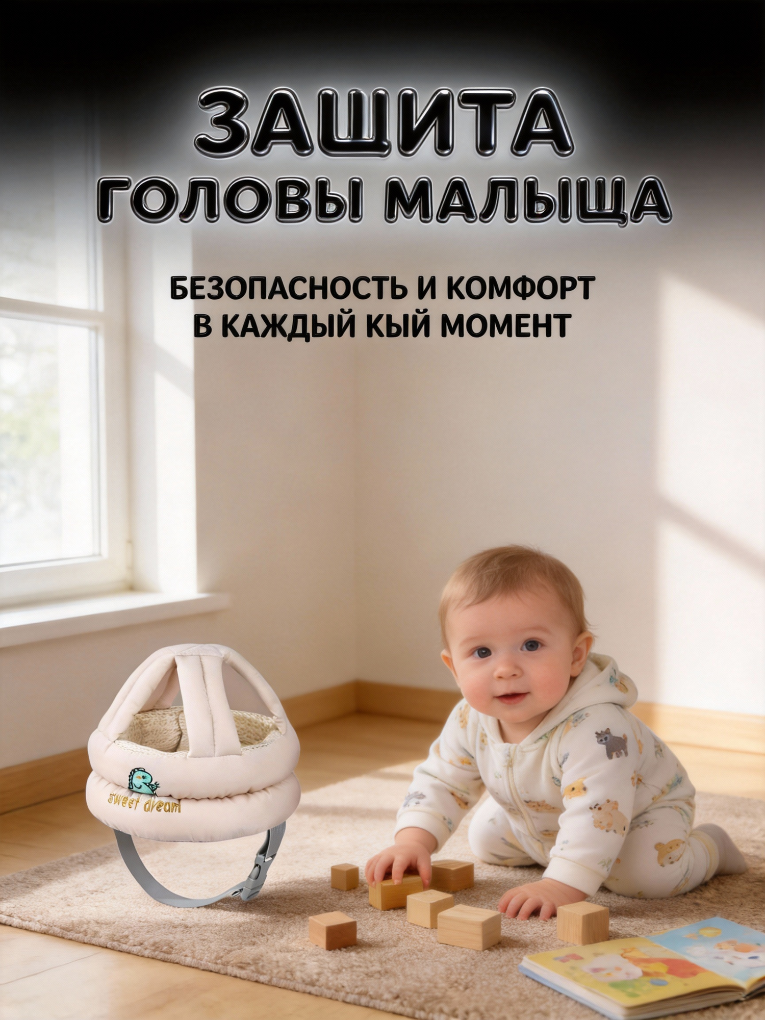 Противоударный шлем для малышей 6 месяцев–2 лет, защита головы при ползании и первых шагах с регулируемой липучкой и лямками