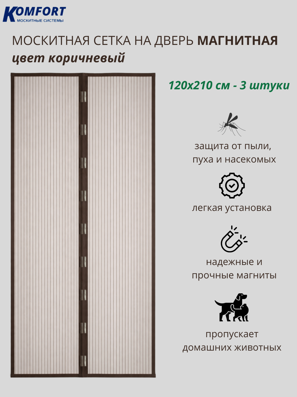 Москитная сетка на дверь магнитная 120*210 см коричневая 3 шт