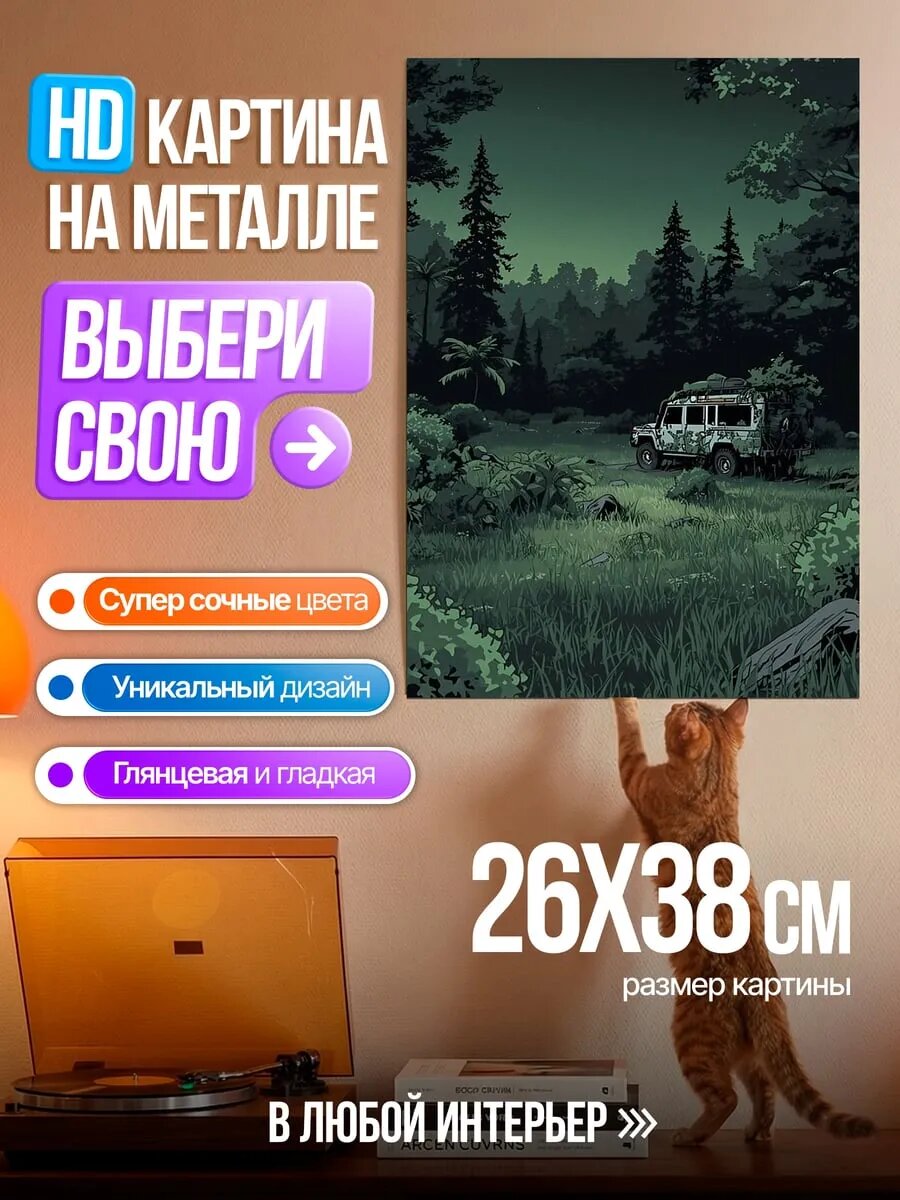 Картина на HD металле Лесная поляна с машиной