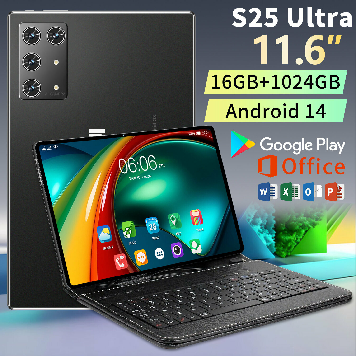 Игровой планшет S25, 16GB+1TB, 144Hz, клавиатура, мышь, чехол, стилус, пленка