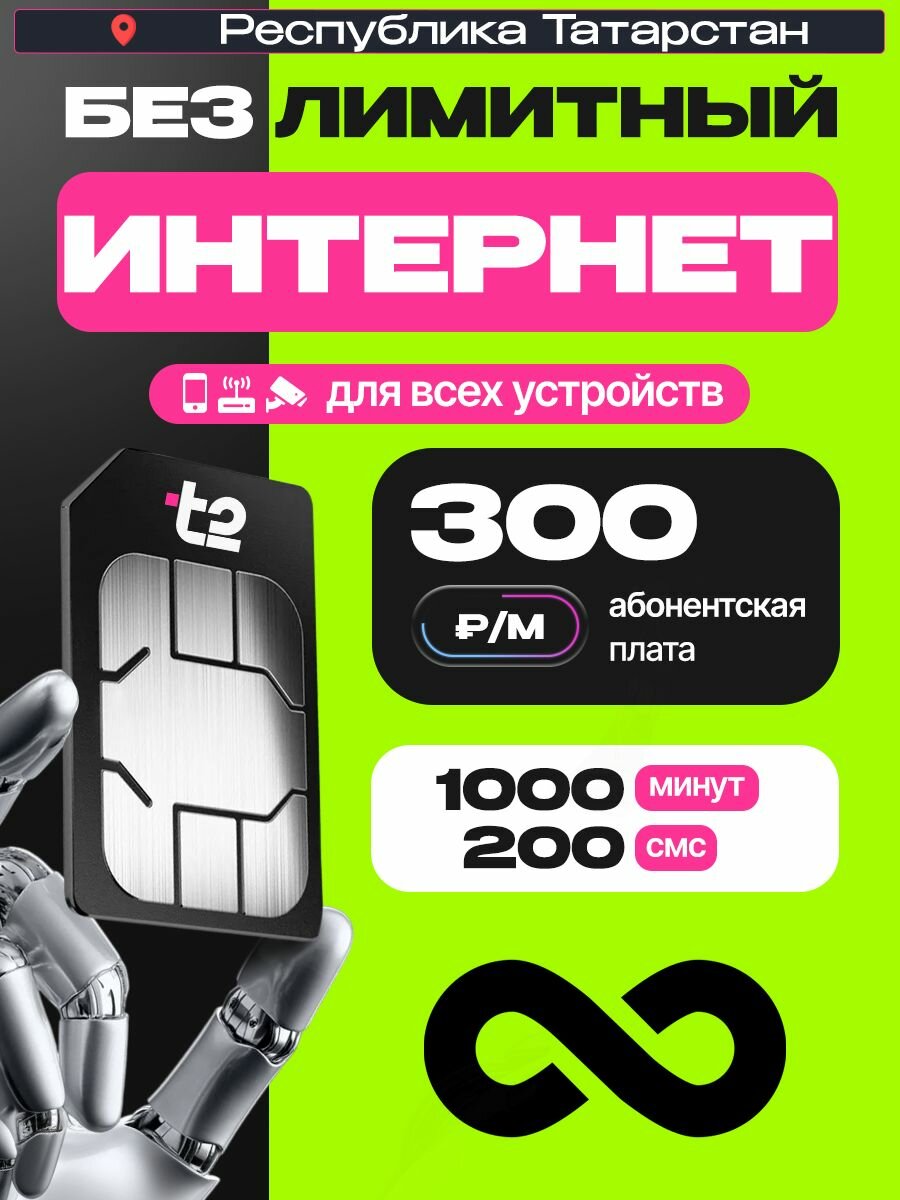 Сим карта Теле 2 безлимитный интернет 3G/4G 1000 минут 200 смс за 300 руб/мес раздача Wi-Fi T2 Sim-карта для телефона модема роутера вся Россия