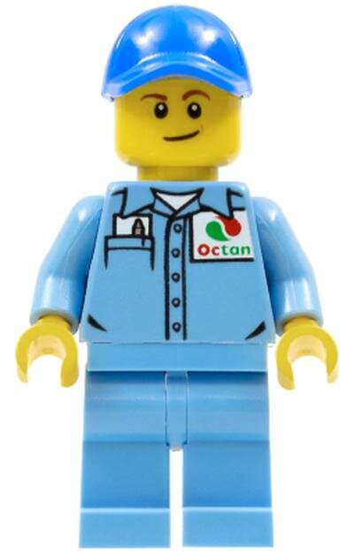 Минифигурка Lego cty0689 Medium Blue Uniform Shirt with Pocket and Octan Logo, Medium Blue Legs, Blue Cap with Hole, Lopsided Smile
