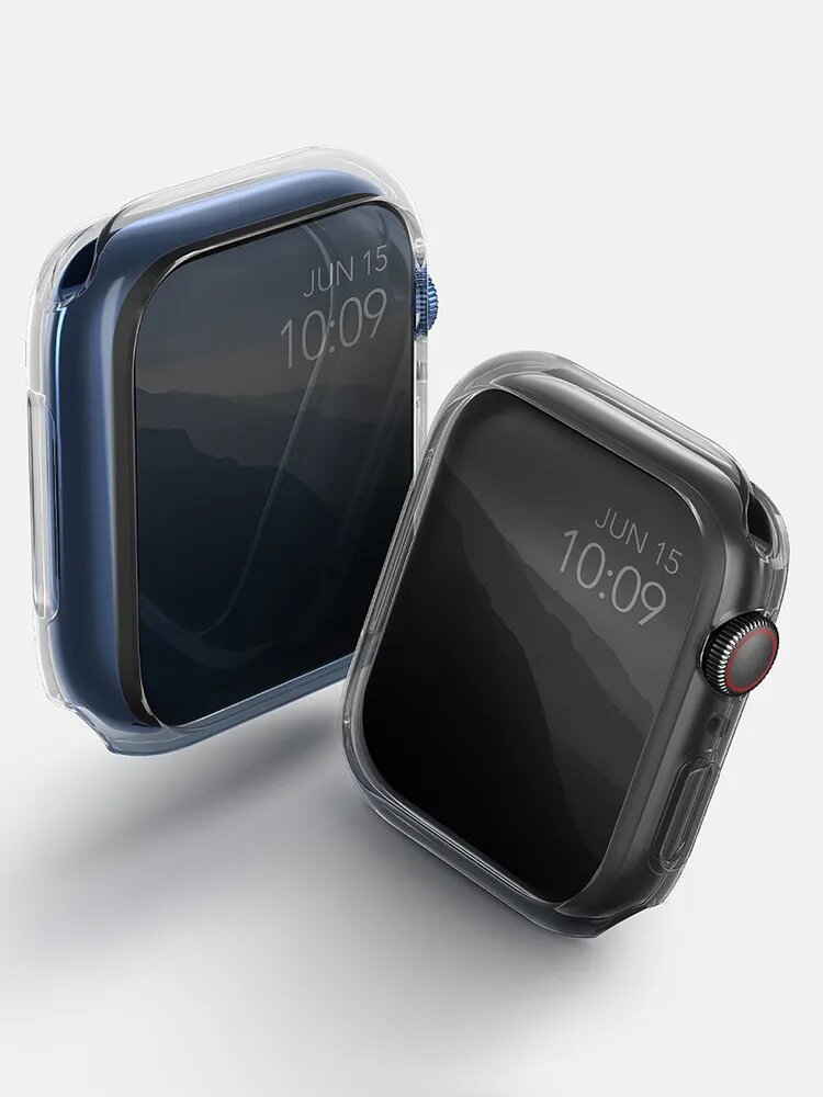 Чехол UNIQ Glase на смарт часы Apple Watch 7, 8 45 mm / мм / бампер для умных часов Эпл Вотч серии 7, 8 силиконовый, прозрачный и дымчато-серый (набор из 2 шт)
