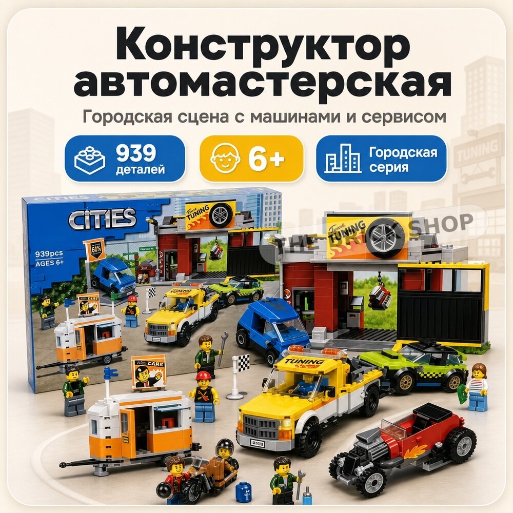 Конструктор автомастерская, 939 деталей, подарок для детей и взрослых