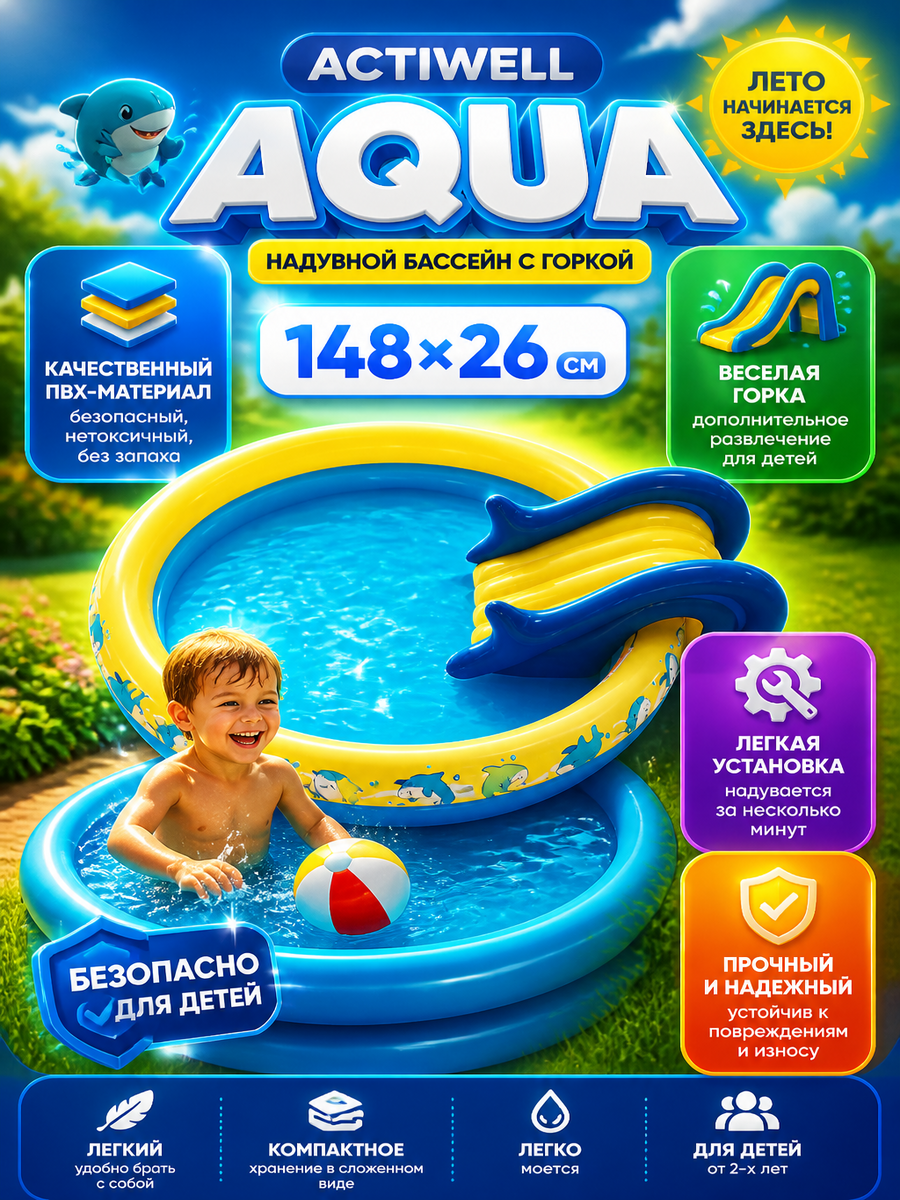 Бассейн надувной ACTIWELL Aqua 148х26см, с горкой, Арт. GB-032807