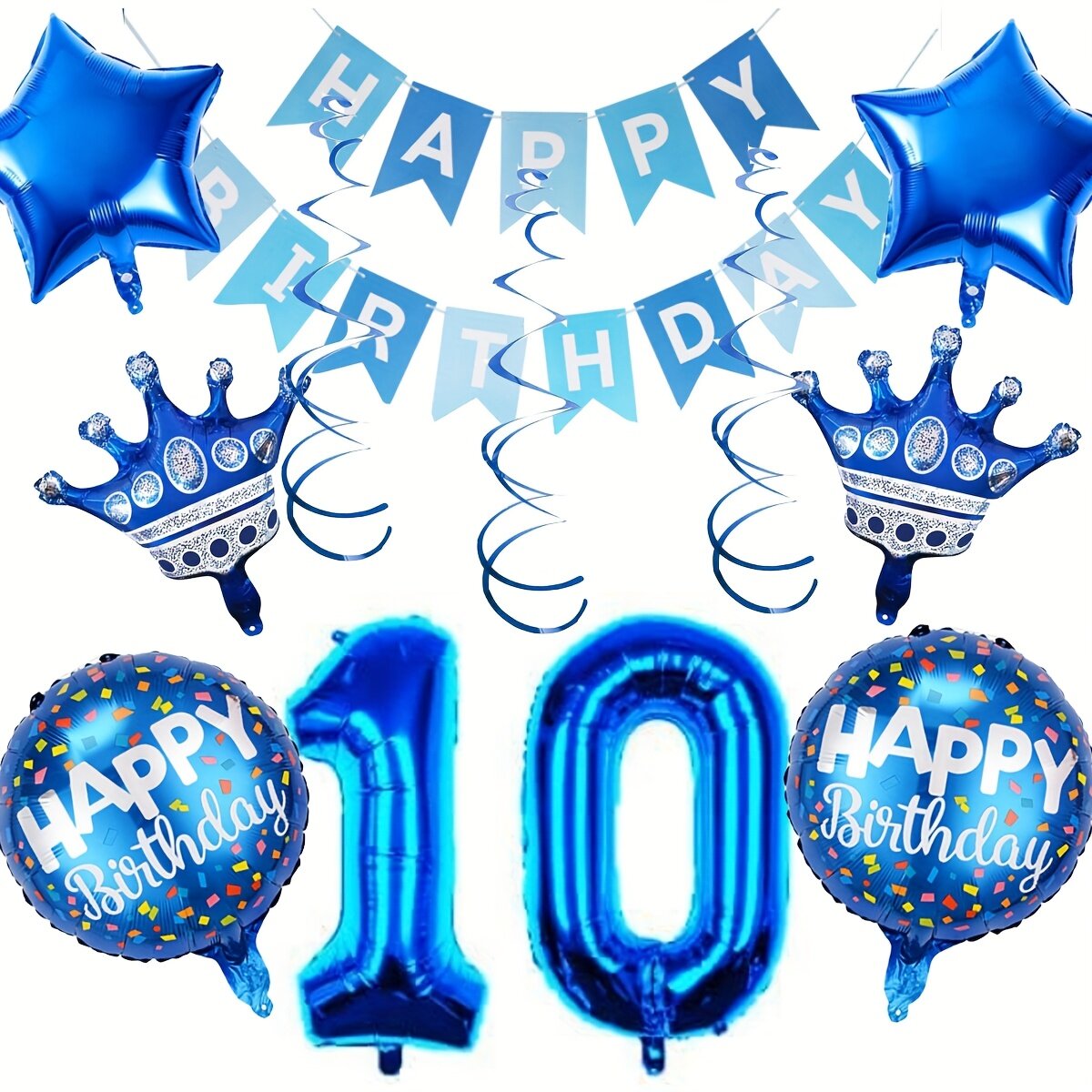 Фольгированная гирлянда Happy Birthday с цифрой 10, набор из 10 синих многоразовых самозапечатывающихся шаров с мини-коронами и лентами, для праздника