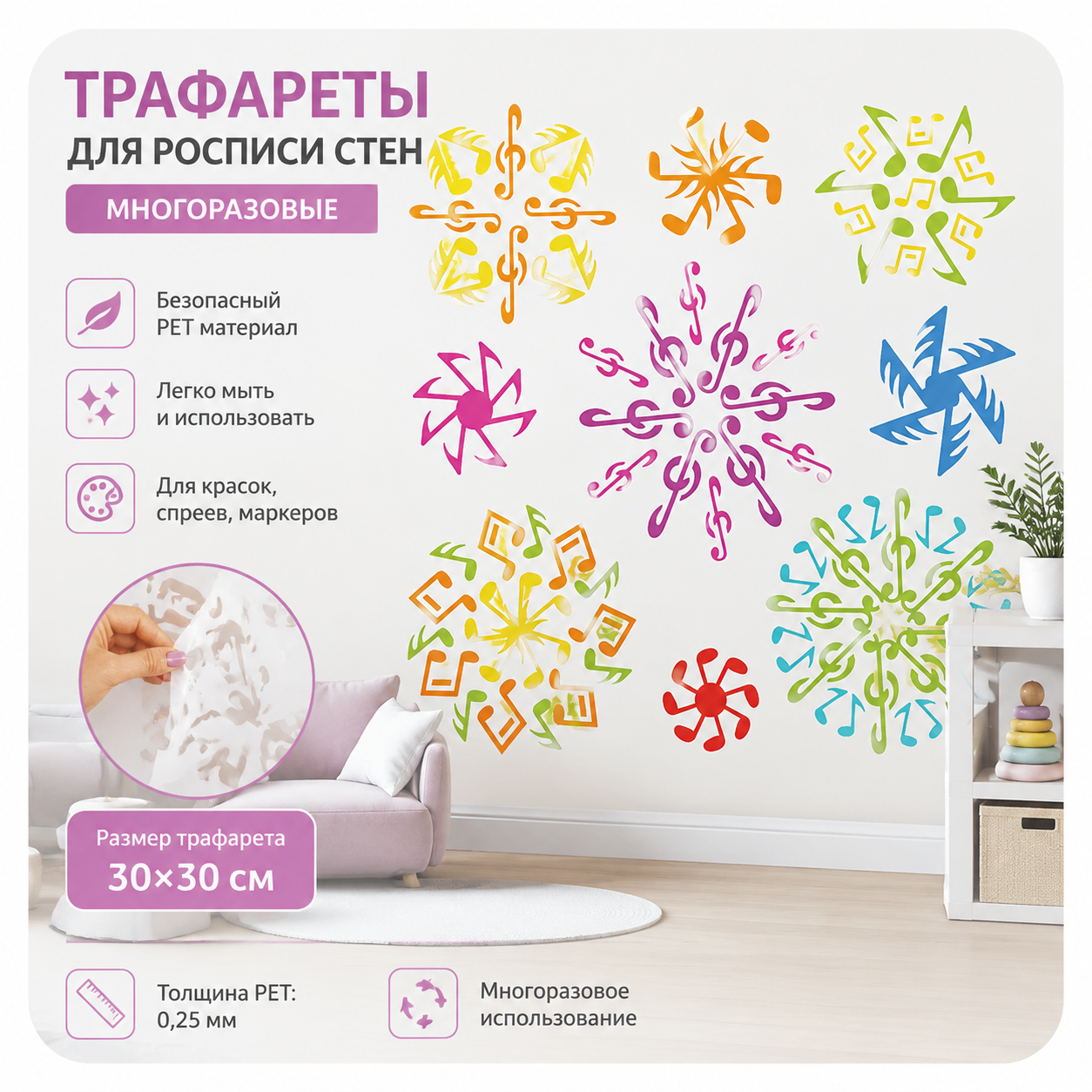 1 шт. Трафарет для рисования музыкальных нот 11,8 x 11,8 дюйма, многоразовый круглый трафарет для музыкальных нот