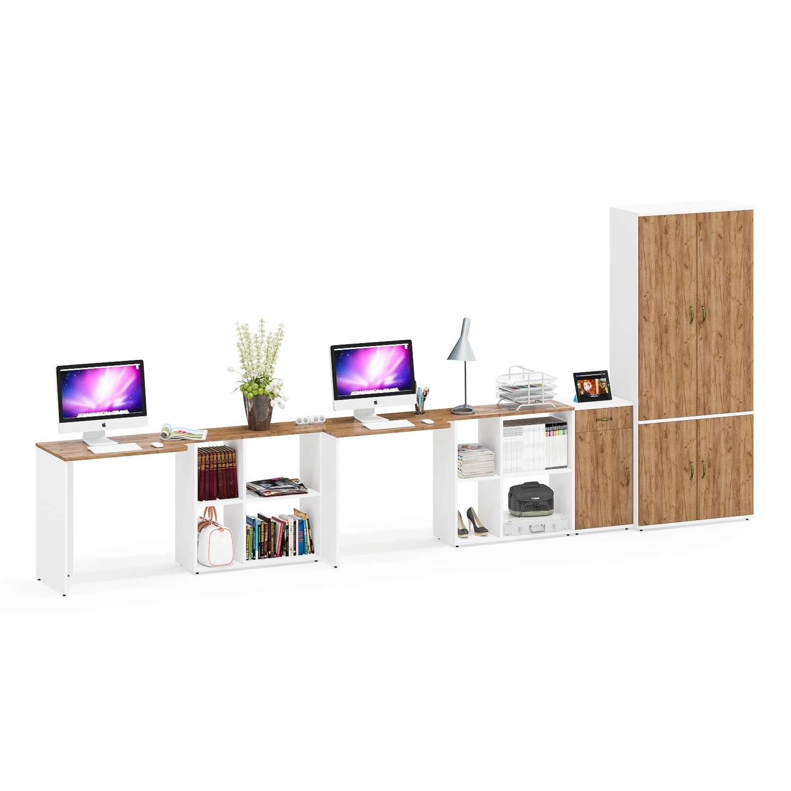 Мебель в домашний кабинет для двоих человек Лидер-8 № 30, белый/крафт золото, 450х50х190 см.