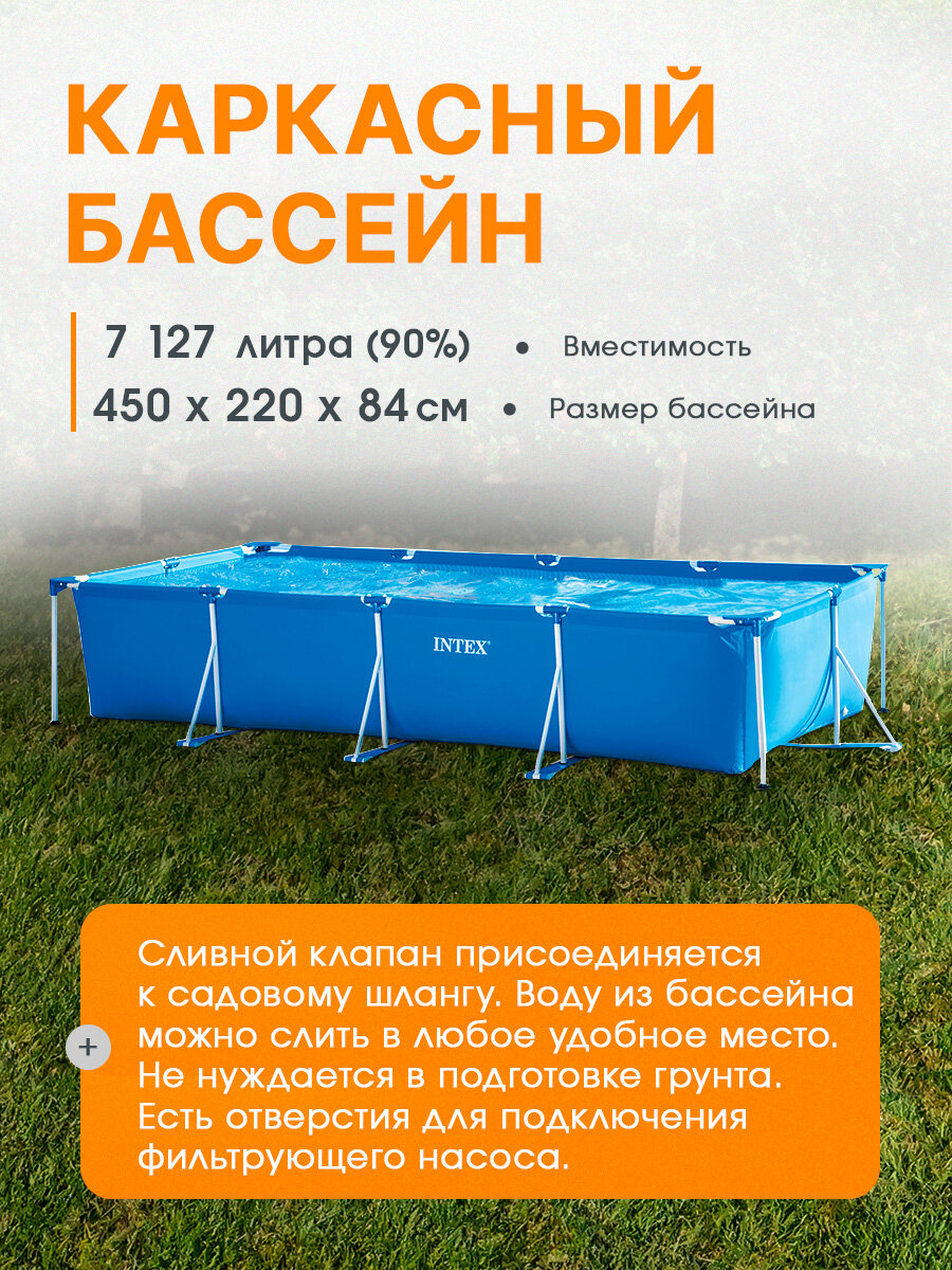 Бассейн каркасный Frame Set Intex прямоугольный, 450х220х84 см. На 7127 л.