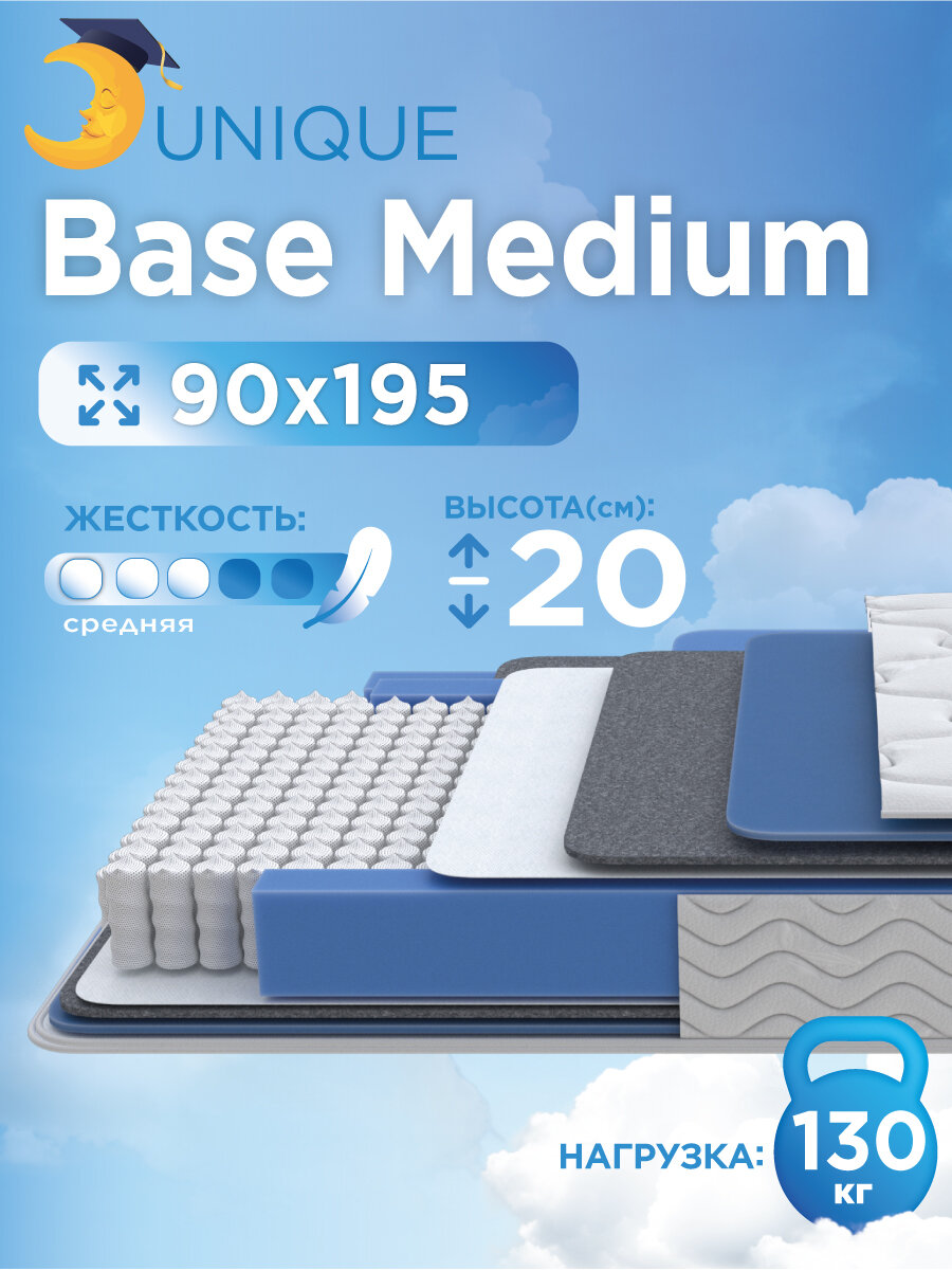 Анатомический, Ортопедический матрас 90х195 Base Medium, односпальный