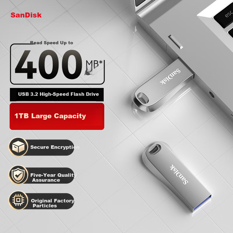 SanDisk 1TB USB3.2 Flash Drive CZ74 with Read Speed up to 400MB/s, Metal High-Speed USB Drive, Secure Encryption, Large Capacity Flash Drive for Learning, Office Work, and Bidding.