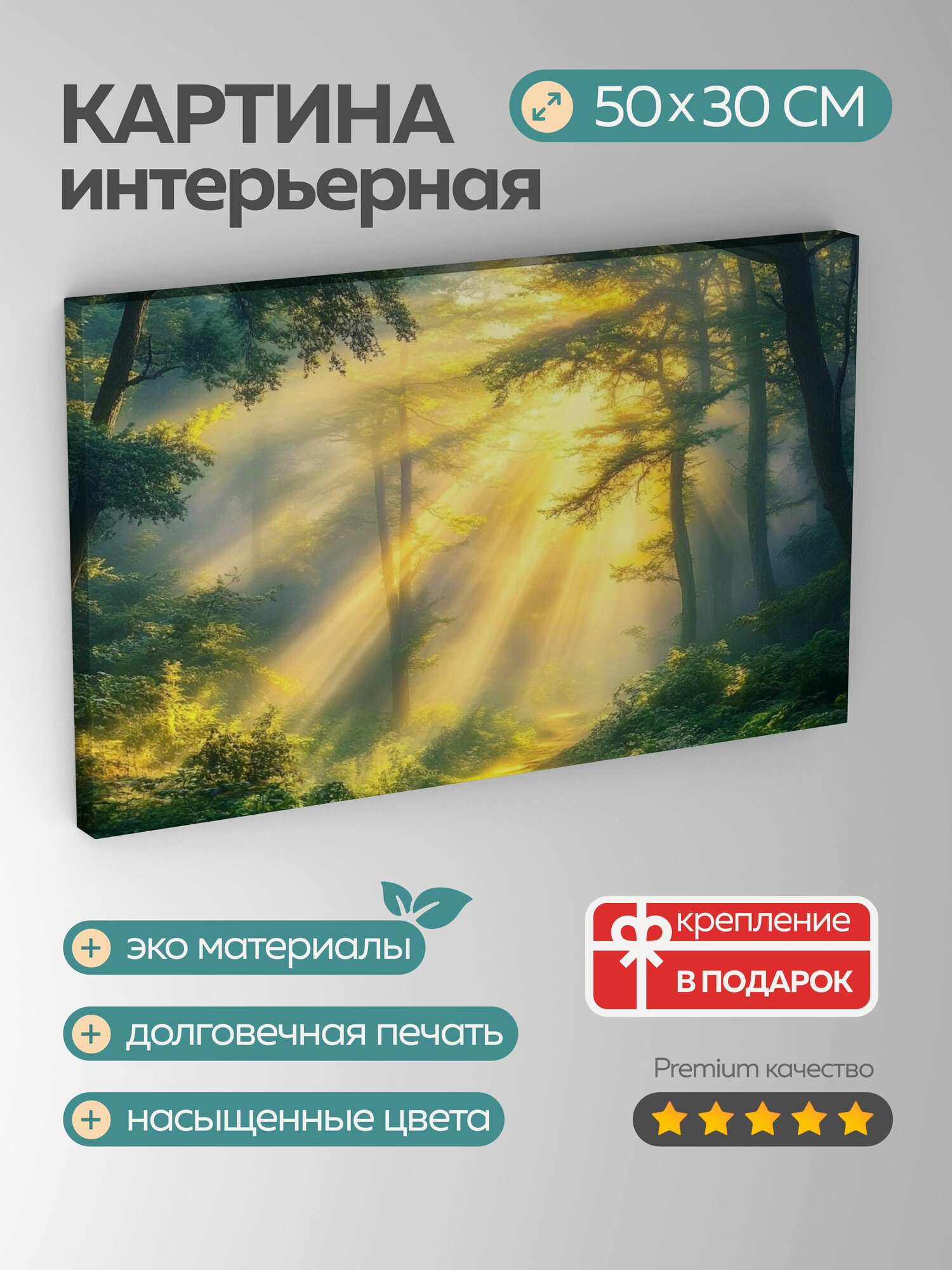 Картина на холсте интерьерная 50х30 см, лес, туман, рассвет, свет, листва, лучи, золотистый, подстилка, природа