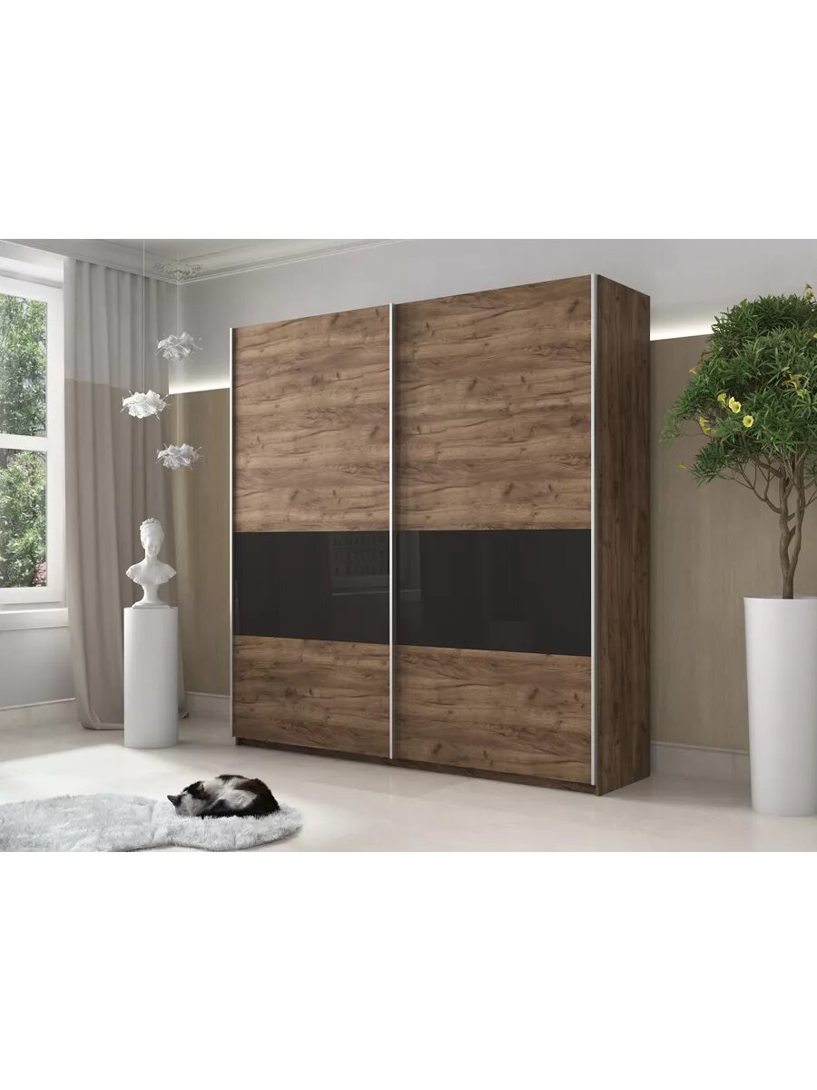 Шкаф-купе Прайм 2-х дверный ДСП/Стекло черное/Доводчики 160х57х230, Мебельная компания Е1, Крафт табачный