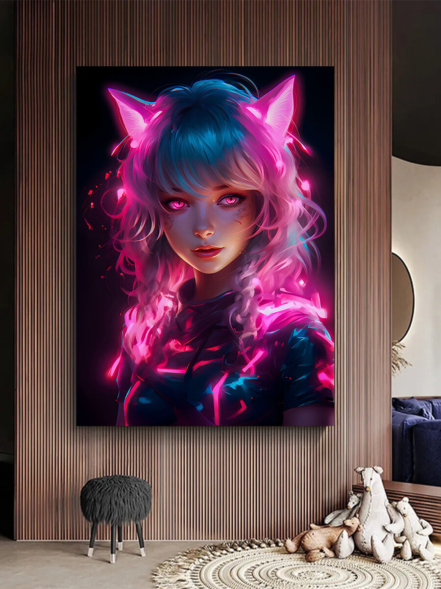 Картина интерьерная - "Девушка аниме хентай неон" , 40х60 см.