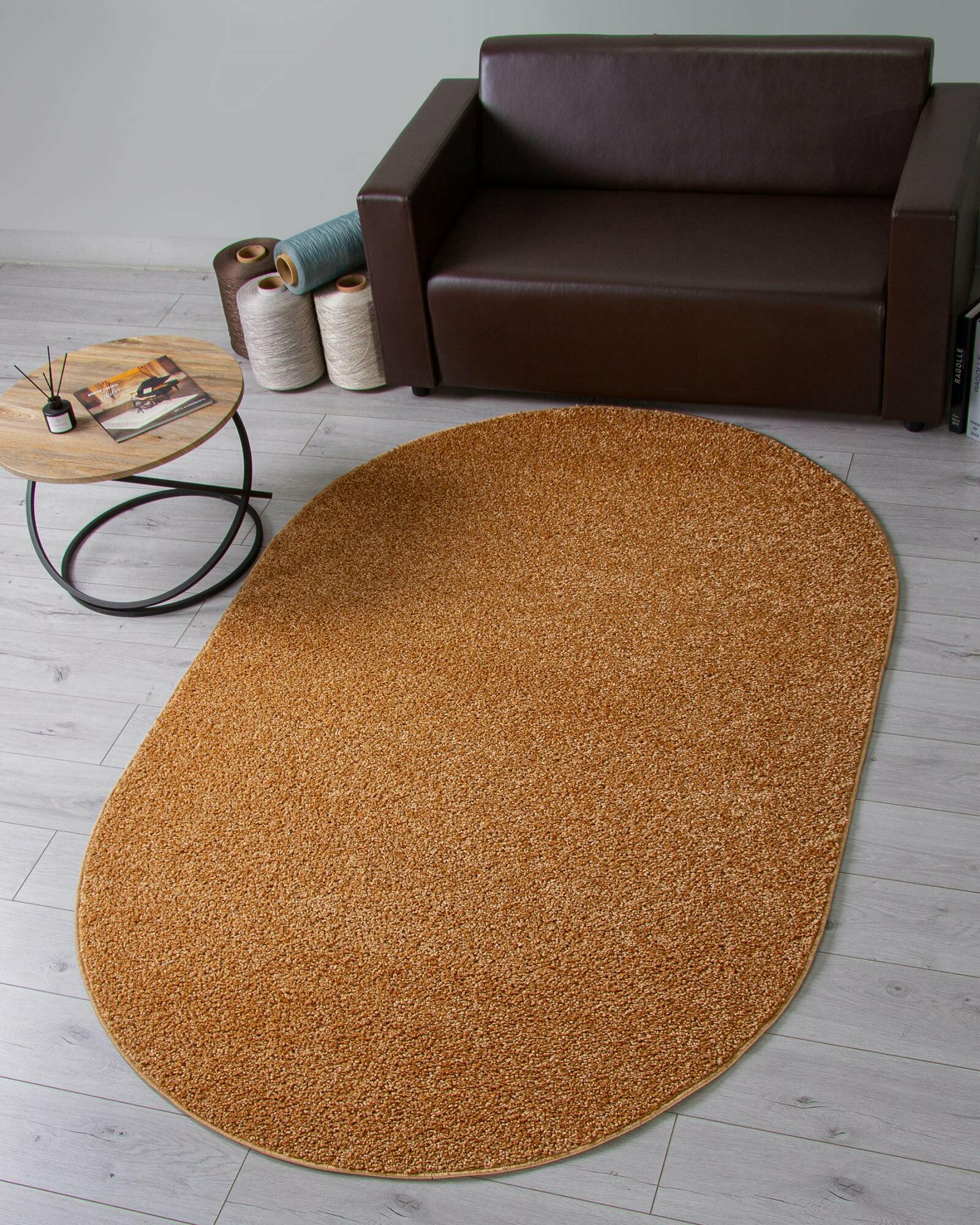 Ковер Овальный на пол в спальню в гостиную 100х200 см бежевый однотонный ворс 18 мм шегги 400611 KoverVDom