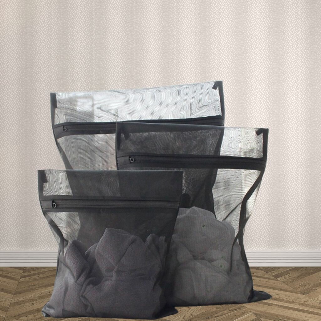 Черная сетчатая сумка для стирки белья длина 40см, ширина 30 см, 3 шт.