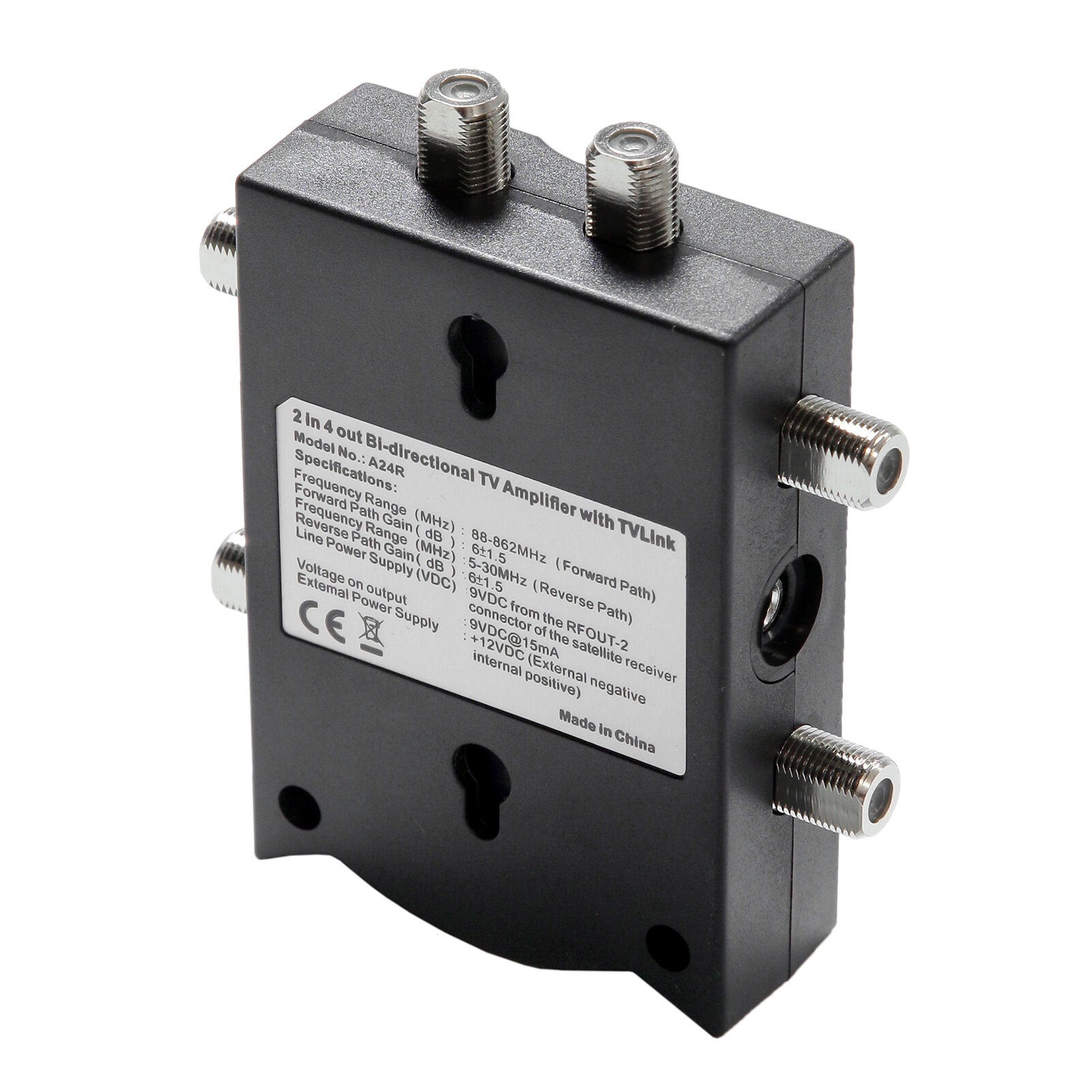 Двунаправленный телевизионный усилитель с 2 входами, усилитель антенного сигнала с 4 выходами, малошумящий разветвитель, обратный канал для использования внутри помещений.