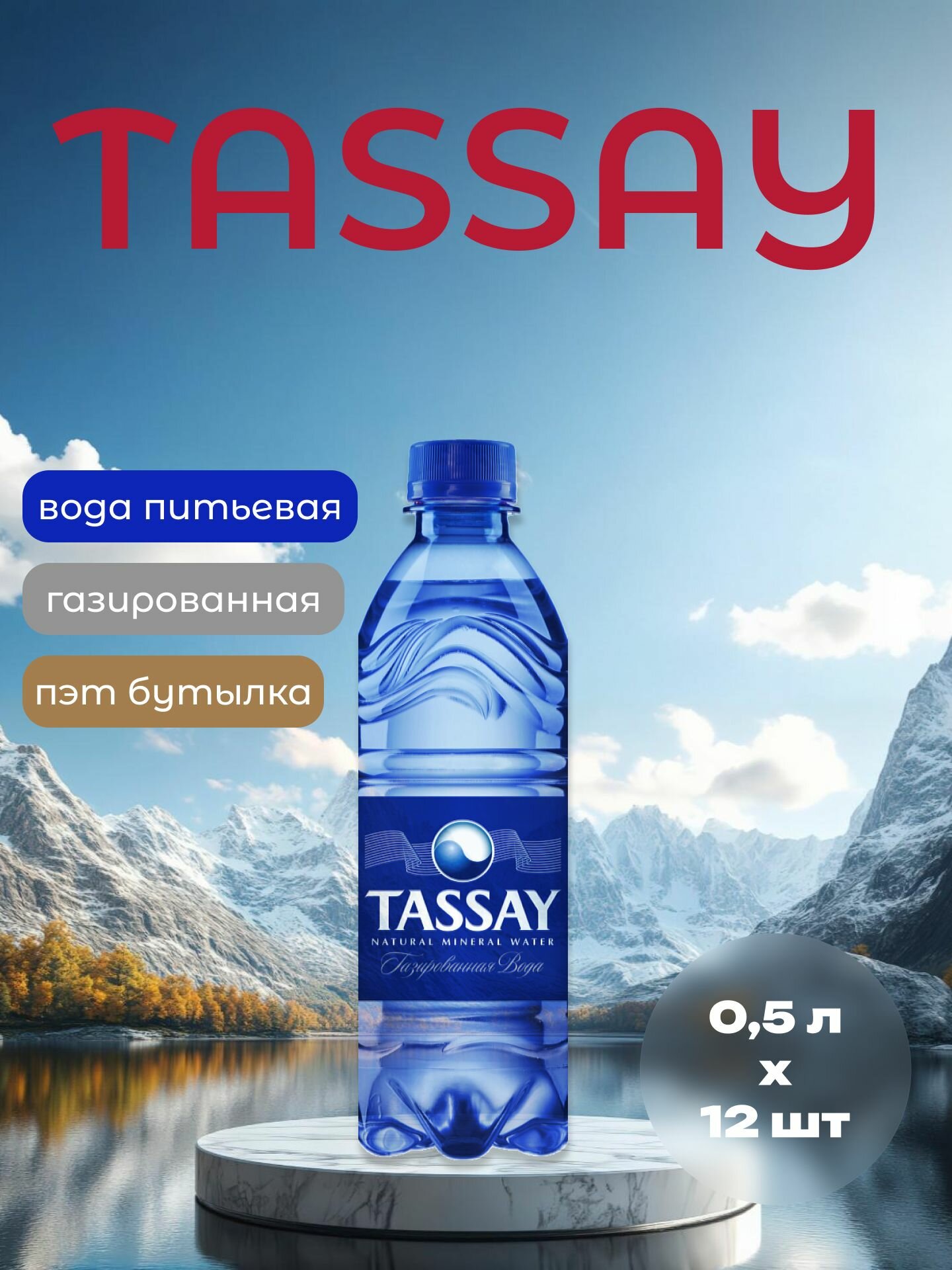Вода природня питьевая TASSAY (Тассай), газированная, ПЭТ, 0,5 л х 12шт.
