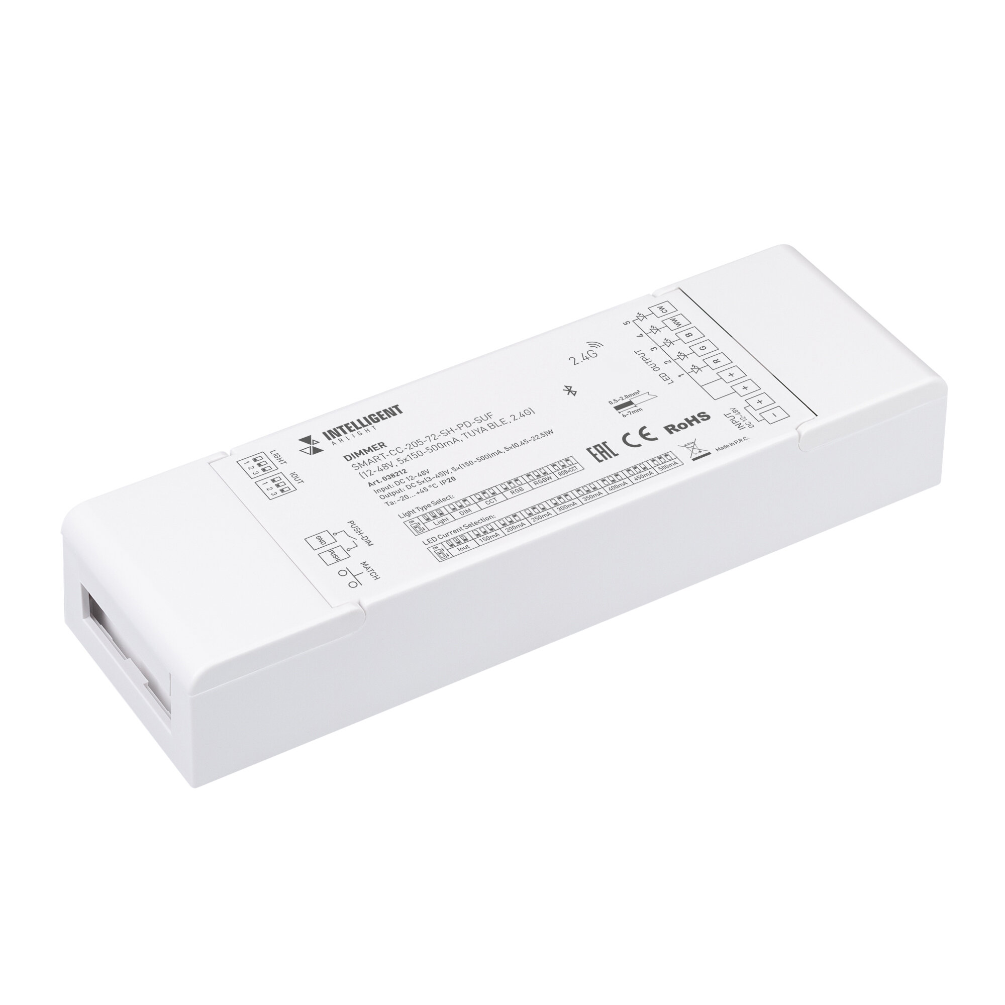 Arlight INTELLIGENT ARLIGHT Диммер SMART-CC-205-72-SH-PD-SUF (12-48V, 5x150-500mA, TUYA BLE, 2.4G) (IARL, IP20 Пластик, 5 лет)