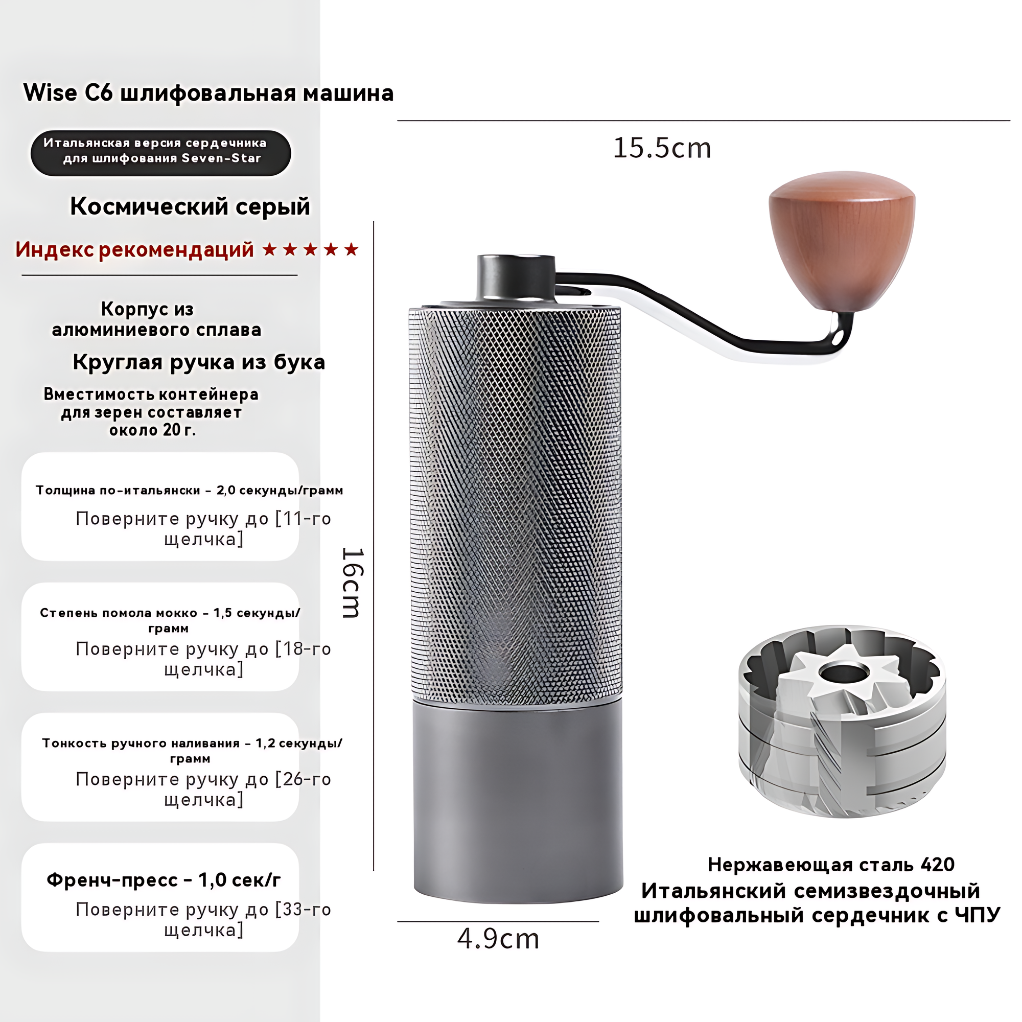 Хирургическая Кофемолка 420 Сталь 25 Уровней Для Эспрессо/Фильтра Алюминий+Бук