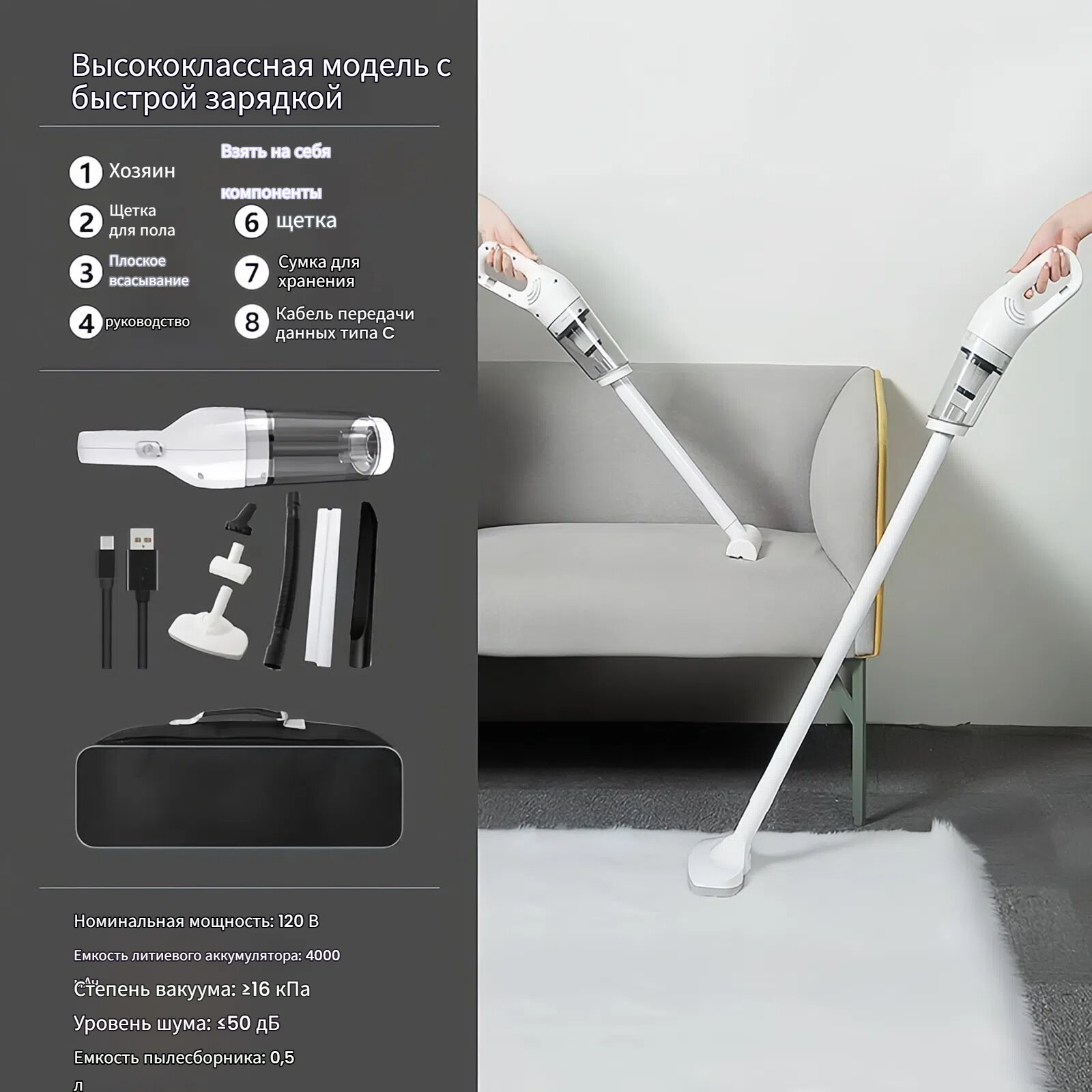Беспроводной пылесос с 120 Вт: Ручной, Для авто и квартиры, Сухо-влажный режим