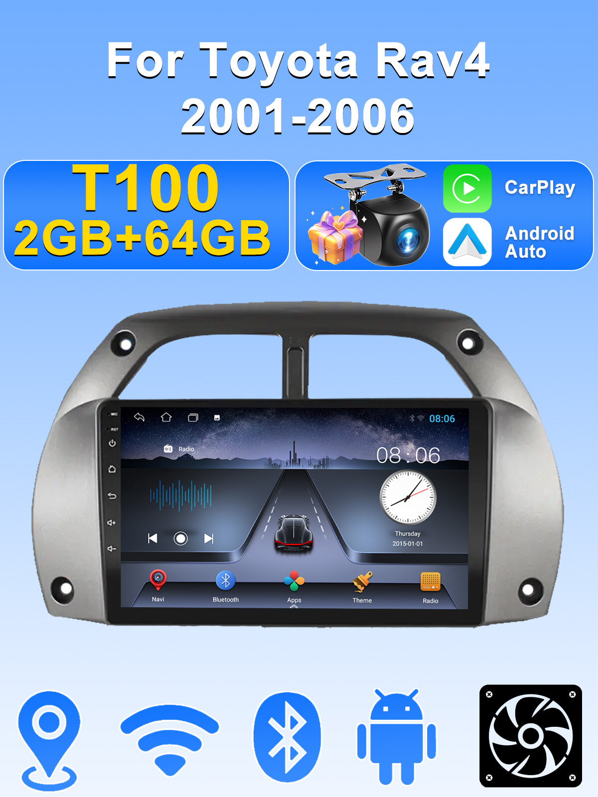 Магнитола для Toyota Rav4 2001-2006 , Автомагнитола для Тойота Rav4,2din android 2+64G Мультимедиа Bluetooth FM WIFI Автомобильный