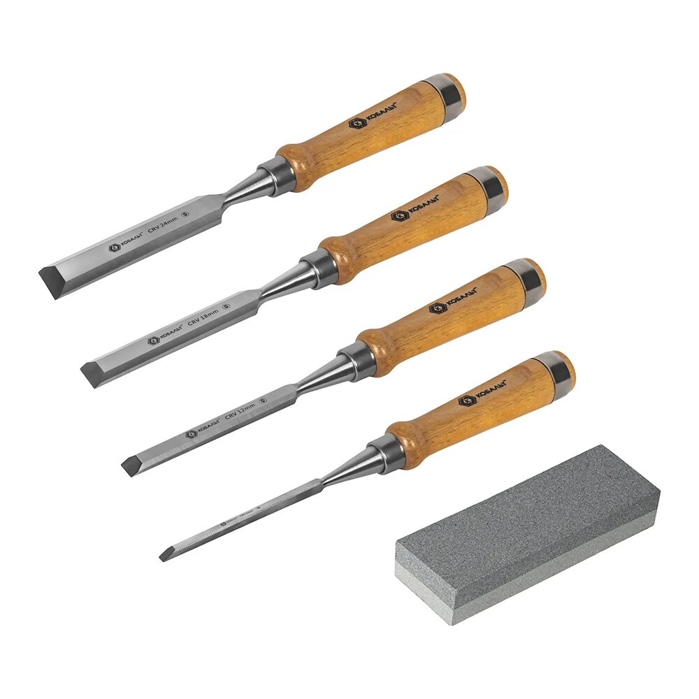 Набор плоских стамесок: 6, 12, 18, 24мм, длина 140мм, CR-V, деревянные рукоятки, точильный камень, 4шт