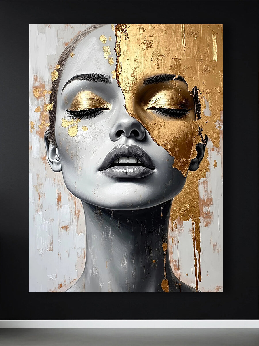 Картина интерьерная - "Девушка в золоте, лицо женщины в салон красоты" , 40х60 см.