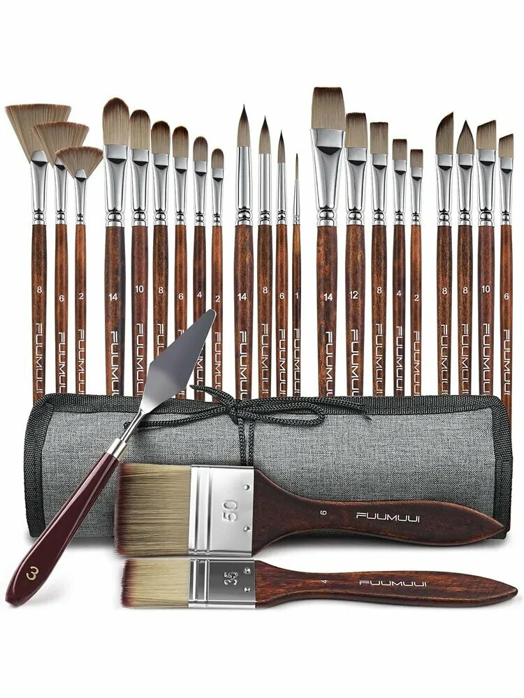 FUUMUUI Набор кистей для рисования Веерная, Скошенная № 2, 4, 25 шт.