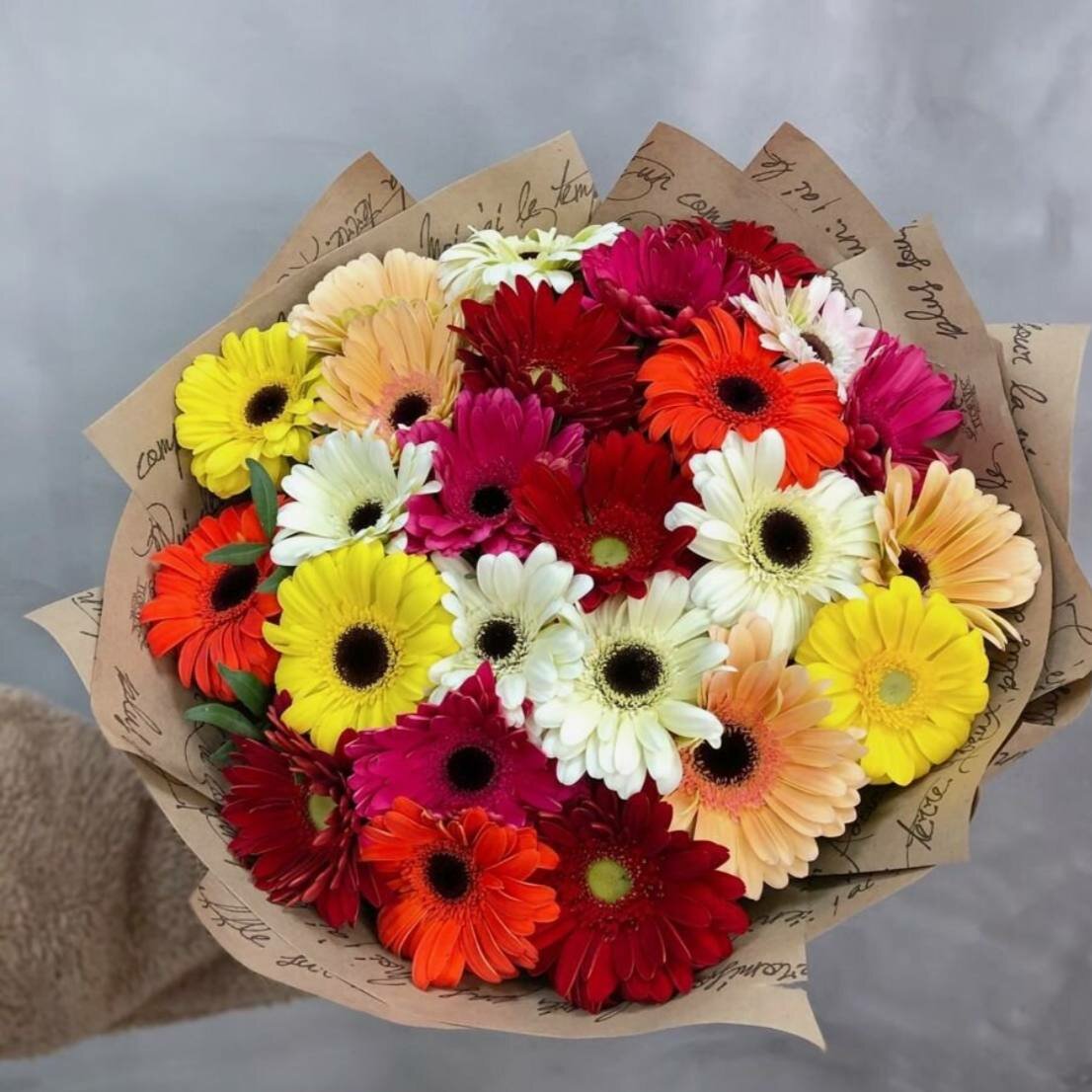 Яркий букет из 25 разноцветных гербер в дизайнерской упаковке. Цветы герберы