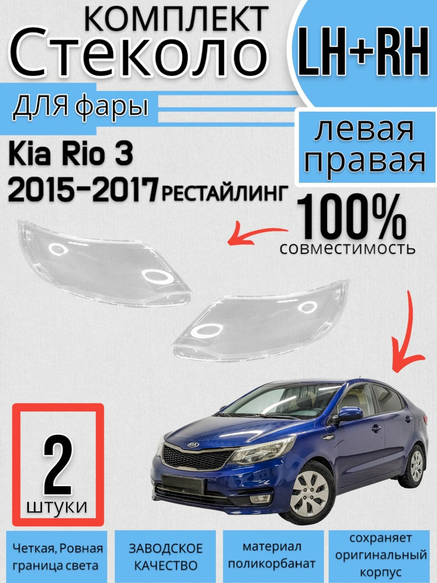 Стекло фар Kia Rio 3 Киа Рио (2015-2017) Рестайлинг Комплект