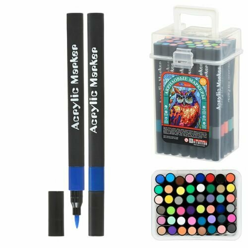 Набор маркеров Basir акриловых 48цветов на водной основе "Сова", 1-5 мм, с мягкой кистью, для любых поверхностей