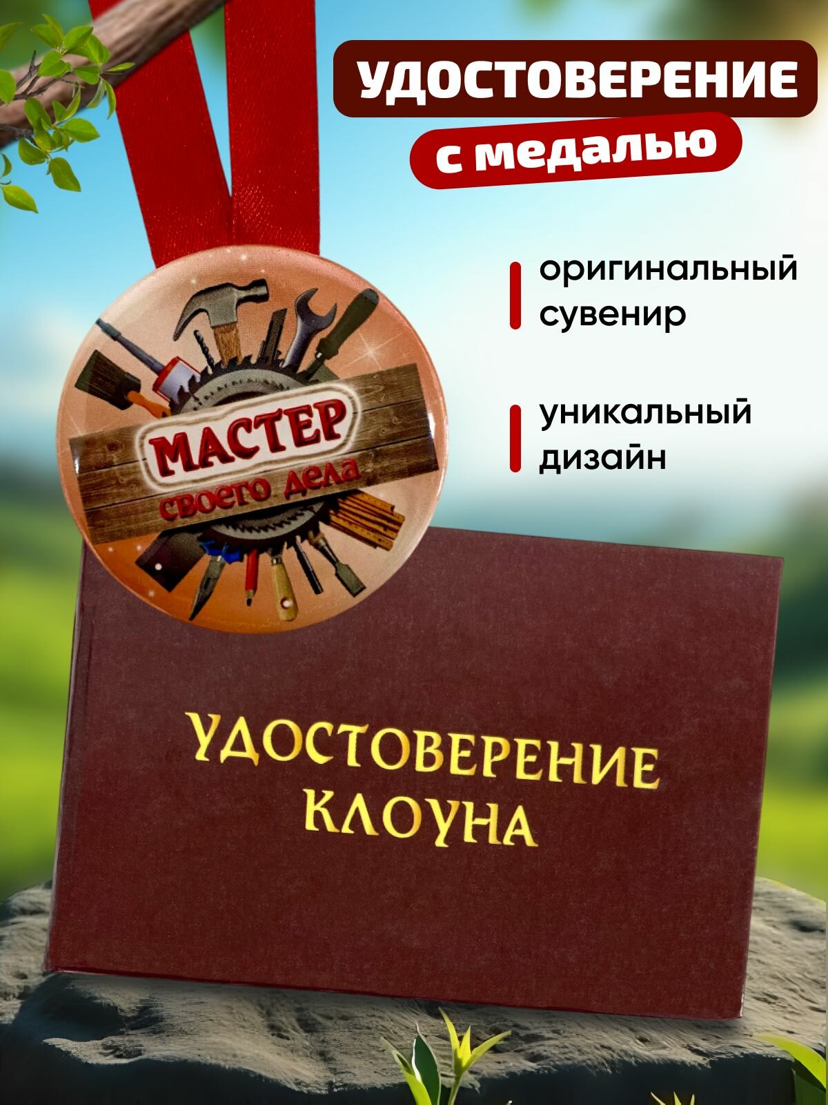 Прикольный набор Удостоверение шуточное "Клоуна" + Медаль "Мастер своего дела", в подарок мужу, другу, коллеге