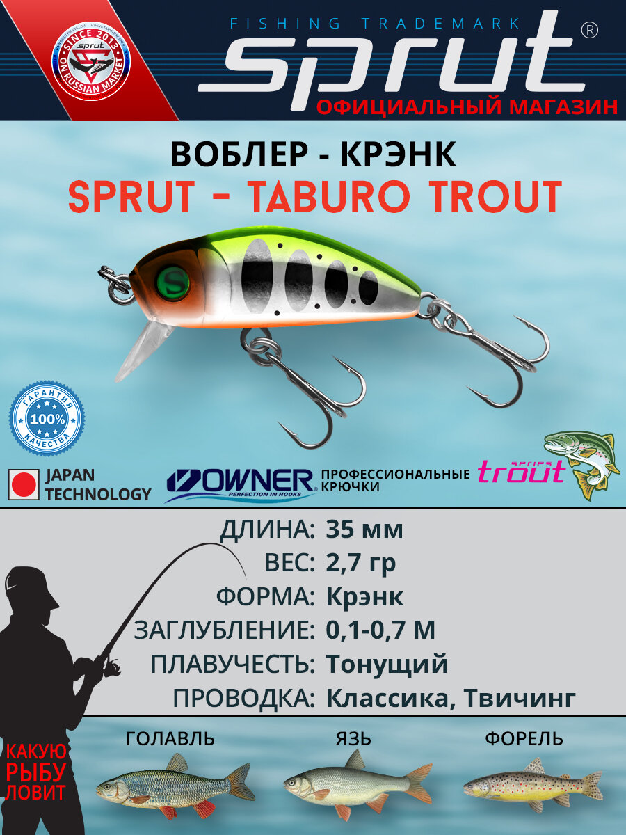 Воблер Sprut Taburo Trout Sinking/35mm/2,7g/0,1-0,5m/SLTR1