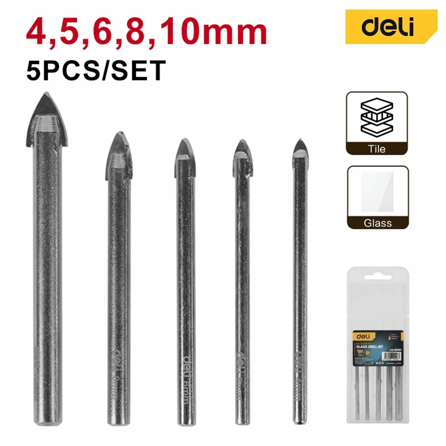 Набор сверл по стеклу/керамике/кафелю 5 шт Deli DH-CZZ005-ED1 (4,5,6,8,10 мм), YG6X, цилиндрический хвостовик, кейс