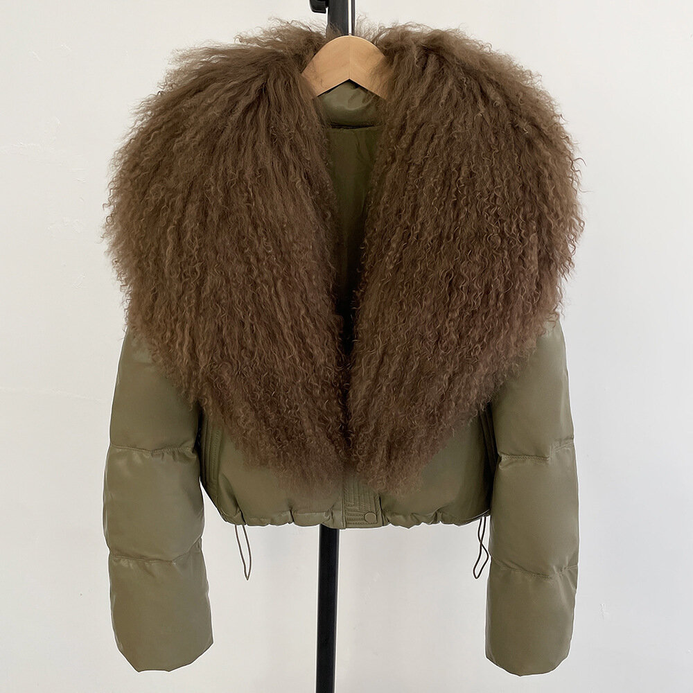 Зимняя новая стильная пляжная шерстяная куртка-пуховик с большим меховым воротником женская короткая теплая куртка-пуховик женская