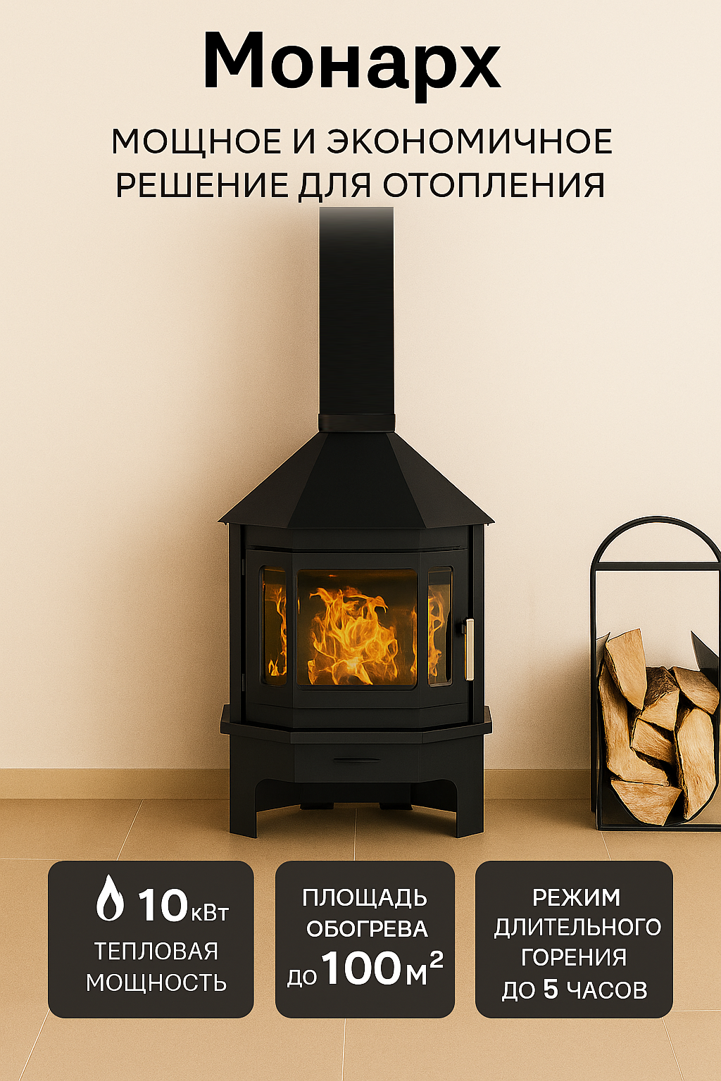 Печь камин на дровах Монарх, до 100 м2, котловая сталь 09г2с