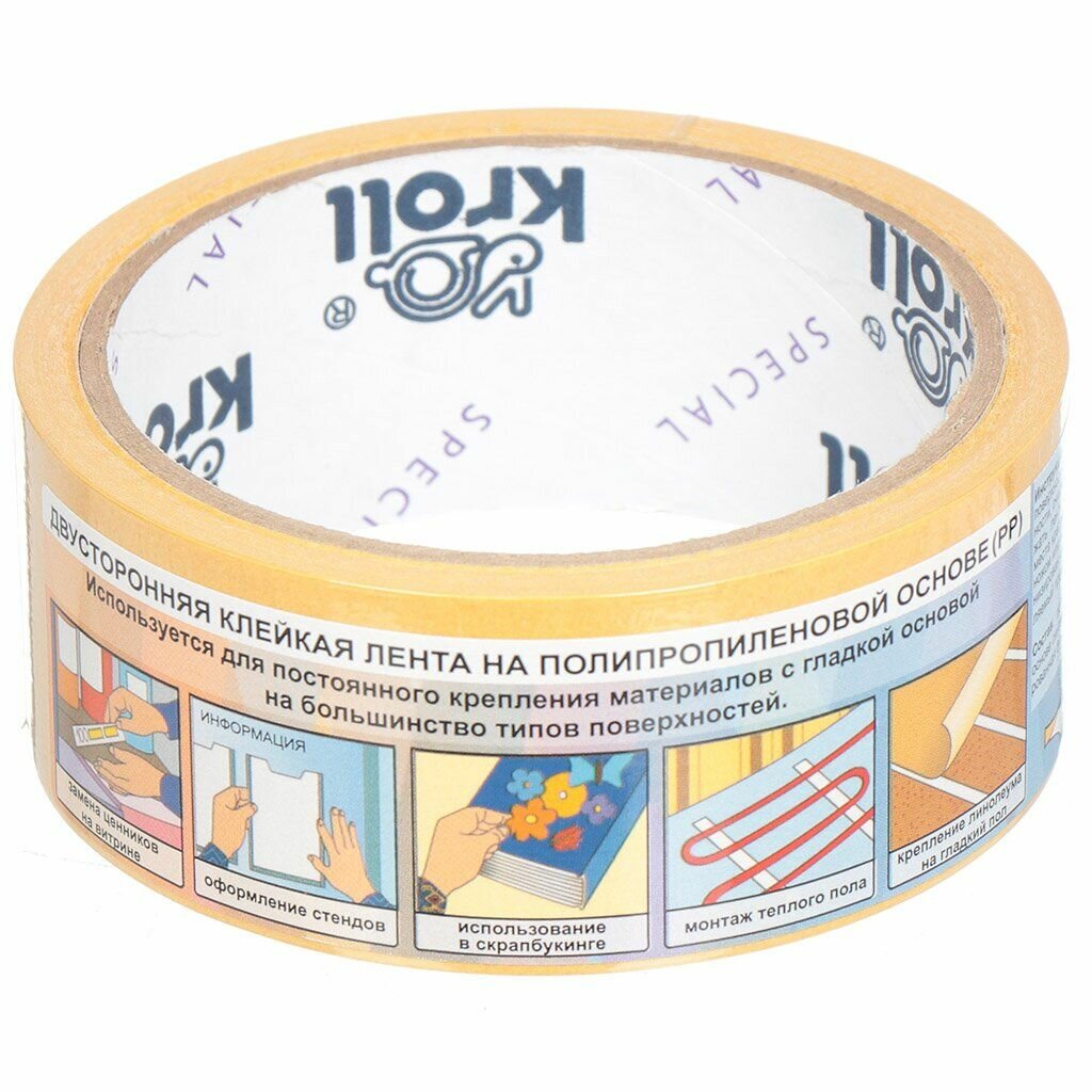 Клейкая лента KROLL 38 мм, двусторонняя, основа полипропиленовая, 10 м