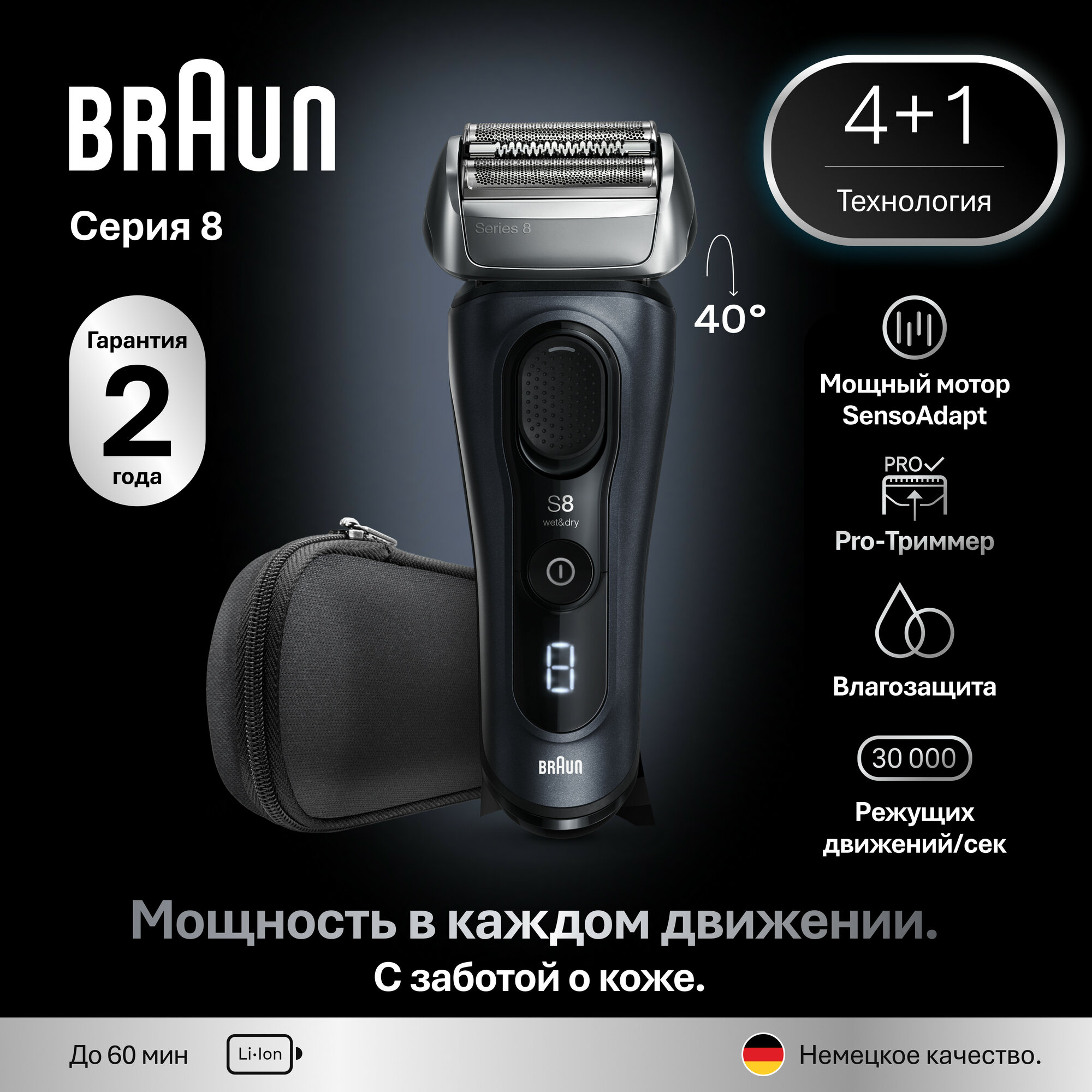 Электробритва Braun 8 Series S8 8603S, 5 бреющих элементов, Li-Ion аккумулятор, водонепроницаемая