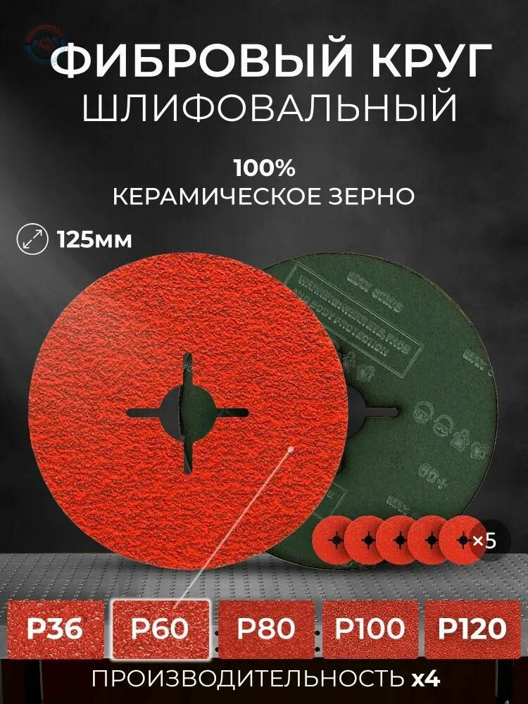 Фибровые шлифовальные круги 125 мм Р60 SCAR SMOOTH, набор 5 шт для шлифовки и зачистки металла под стандартные УШМ