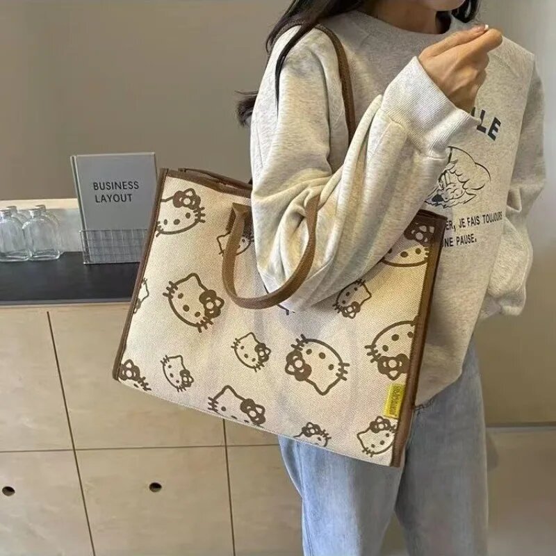 Sanrio Hello Kitty Холщовая большая сумка Женские сумки для покупок Мультяшная студенческая большая вместительная