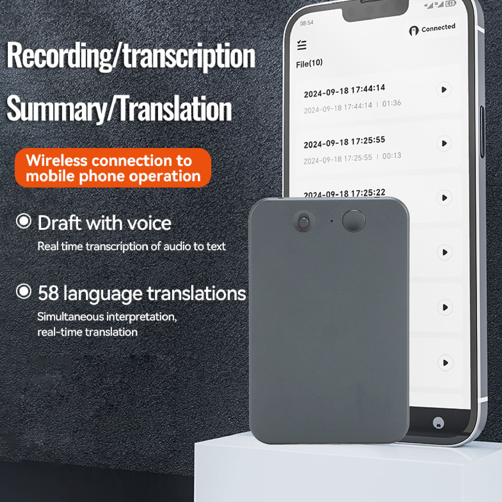 Умный диктофон-переводчик, портативный Bluetooth 5.0, приложение для управления, устройство для перевода языка с использованием искусственного интеллекта, 64 ГБ