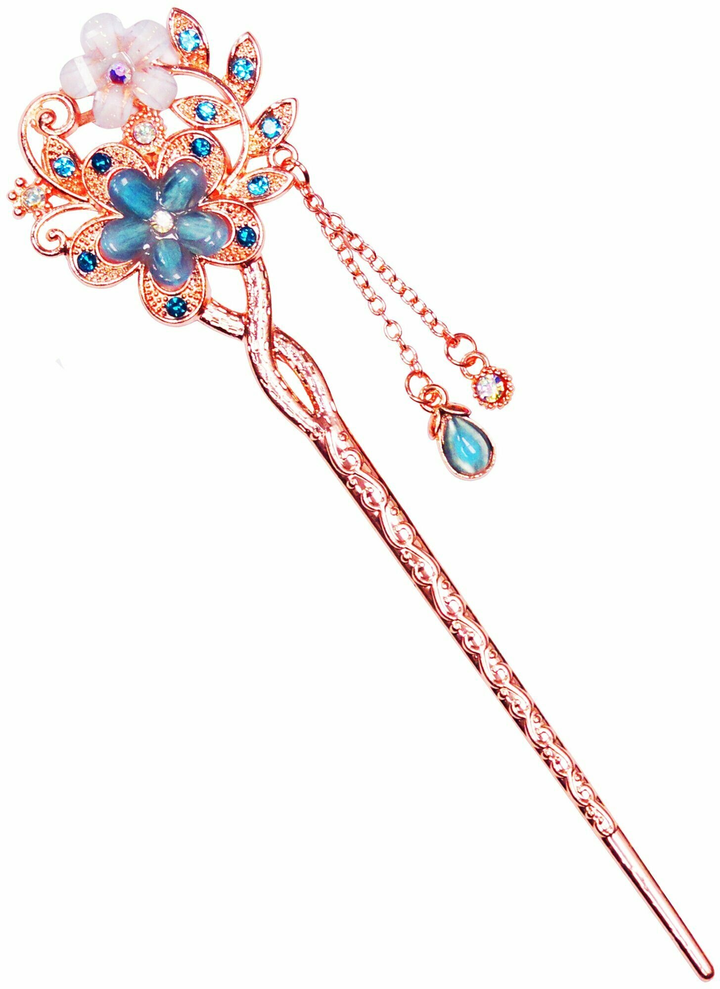 Китайская шпилька с голубыми цветами / Заколка Канзаши / Шпилька для пучка /Китайская палочка для волос Ханьфу