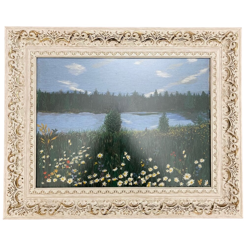 Картина вышитая гладью "Ромашковое поле" 1993 г. Автор Г. И. Зотова, пейзаж, Россия