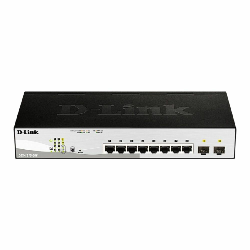D - Link Сетевое оборудование DGS - 1210 - 08P G3A Настраиваемый L2 коммутатор с 8 портами 10 100 1000Base - T и 2 портами 1000Base - X SFP 8 портов PoE 802.3af at, PoE - бюджет 65 Вт