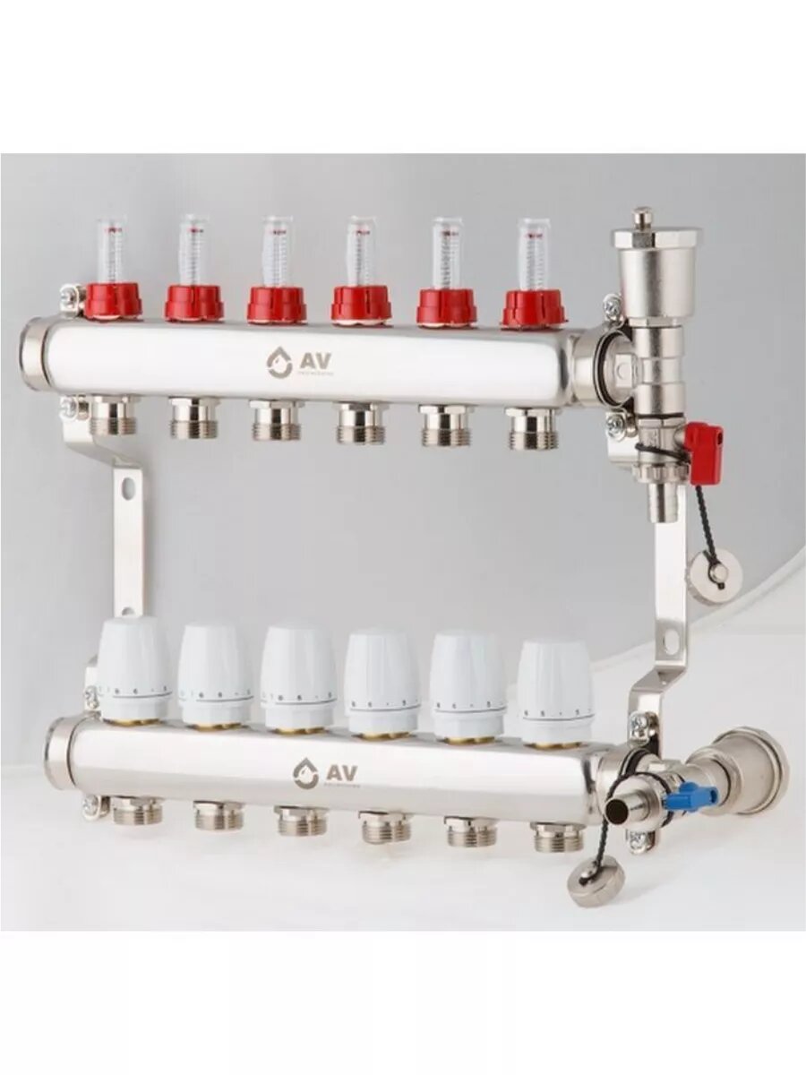 Комплект коллекторов AV Engineering для теплого пола и водоснабжения на 6 контуров с расходомерами(AVE13600106)