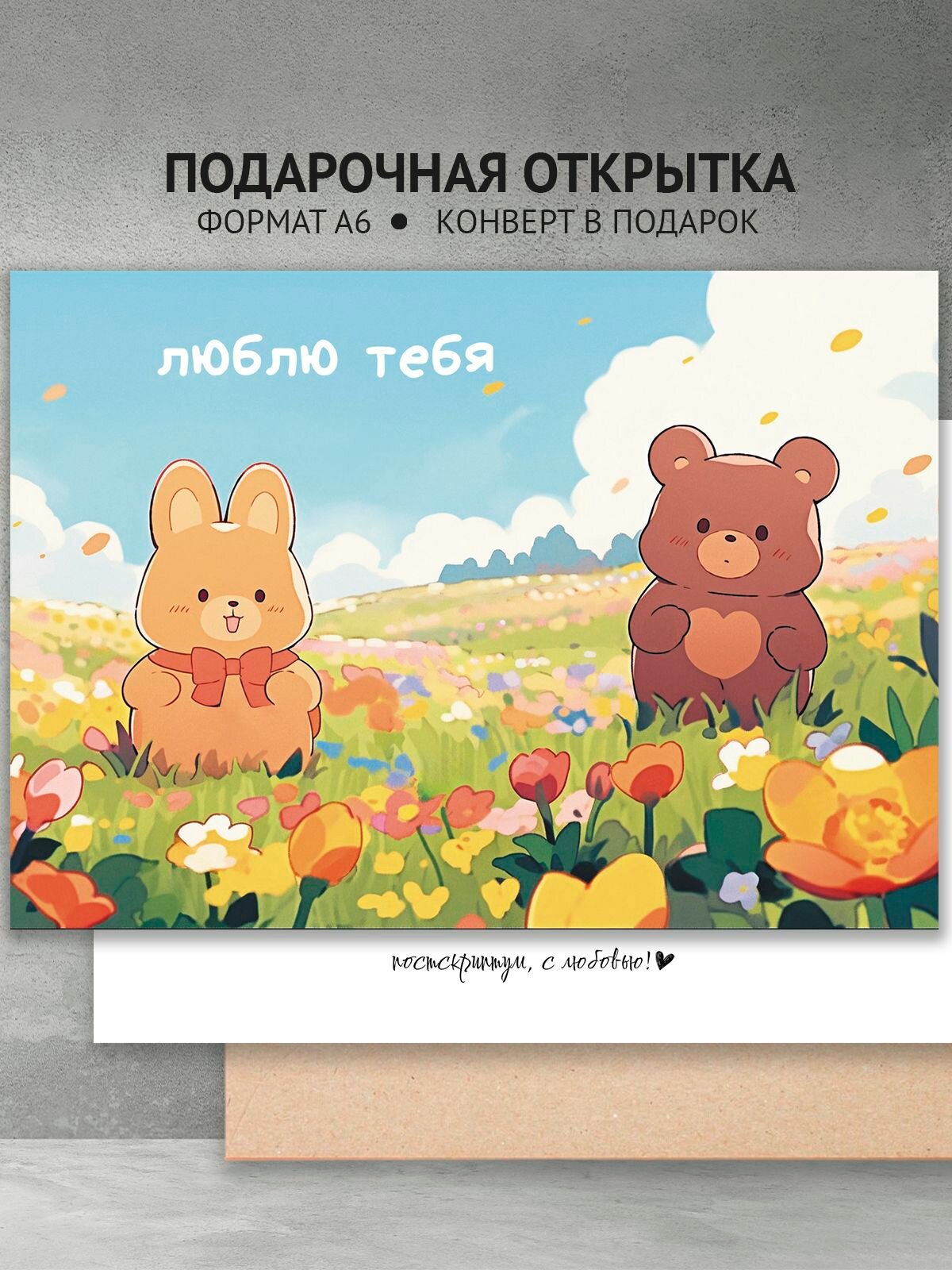 Подарочная открытка с уникальной иллюстрацией "Люблю тебя" с днем рождения, с юбилеем, без повода